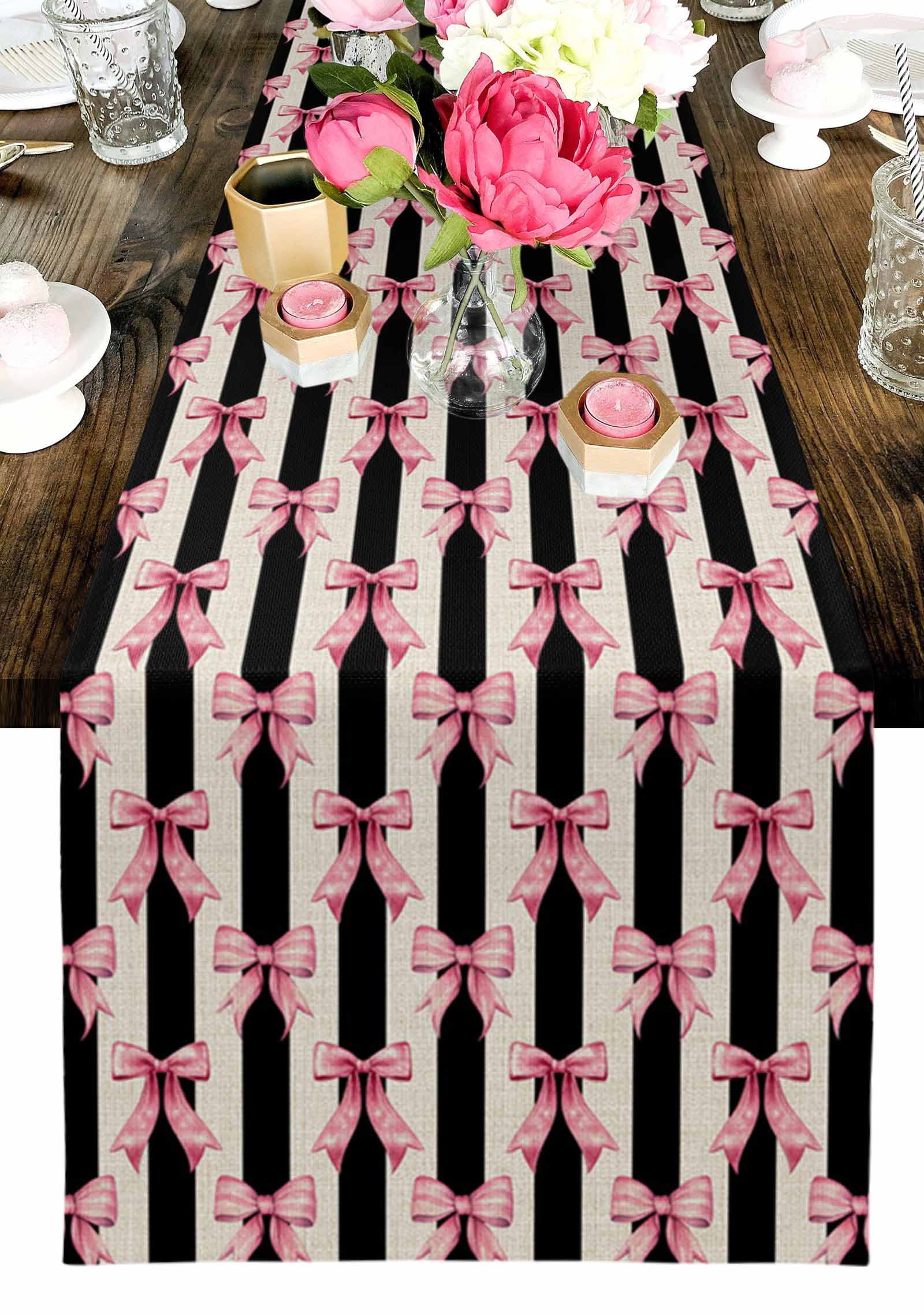 Vintage White Black Striped Table Runner, Pink Bow Linen Texture ...