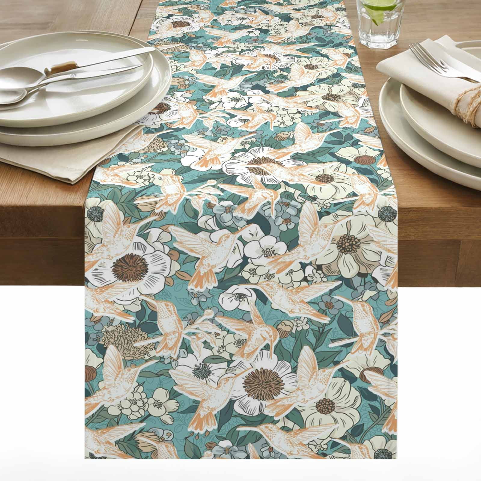 Vintage White Floral Cotton Linen Table Runner Hummingbird Spring Green ...