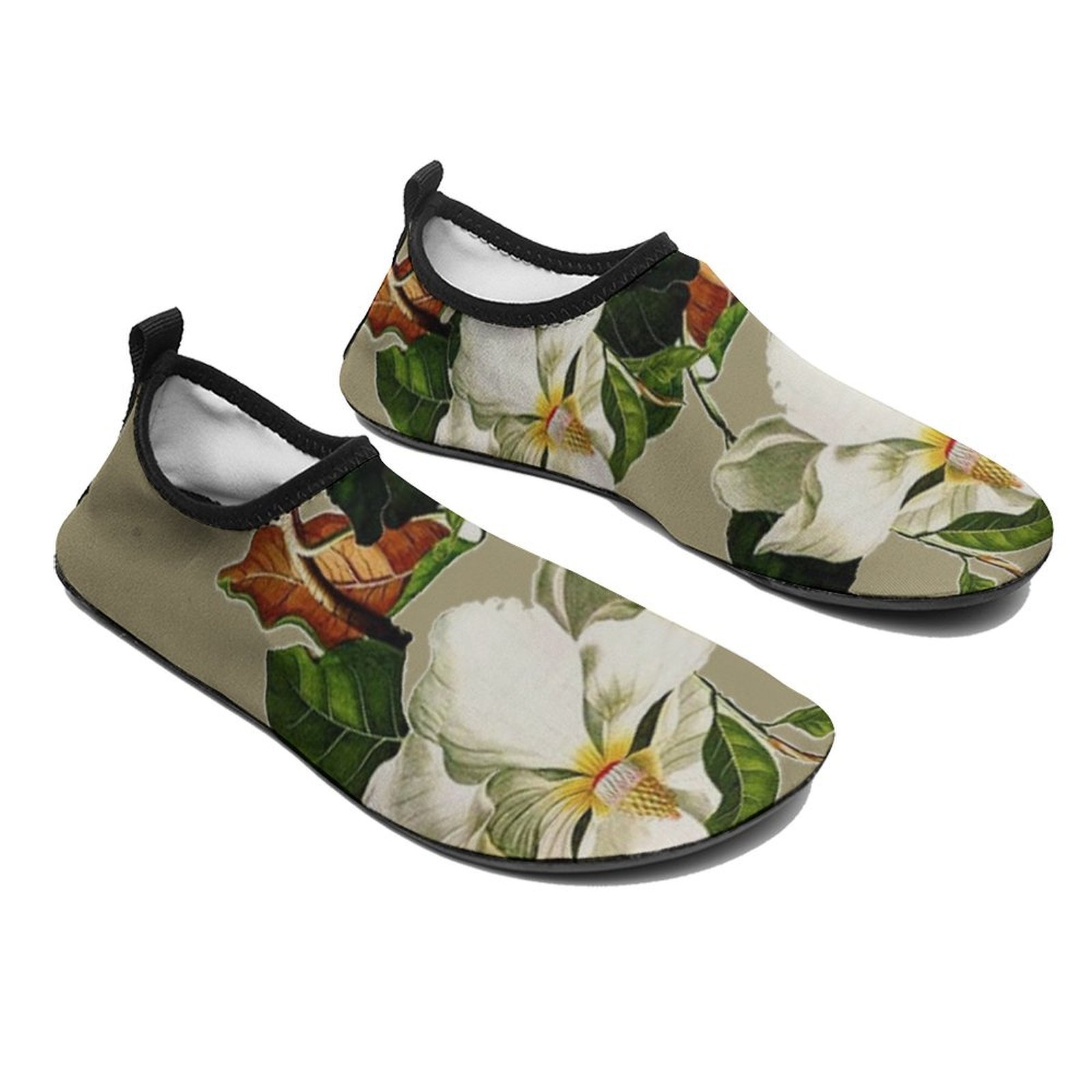 Vintage White Magnolia Pattern on Khaki Background Water Shoes Beach ...