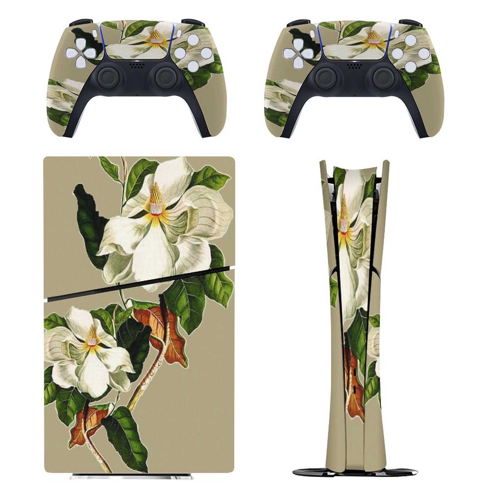 Vintage White Magnolia Pattern on Khaki Background PS5/PS5 Pro/PS5 Slim ...