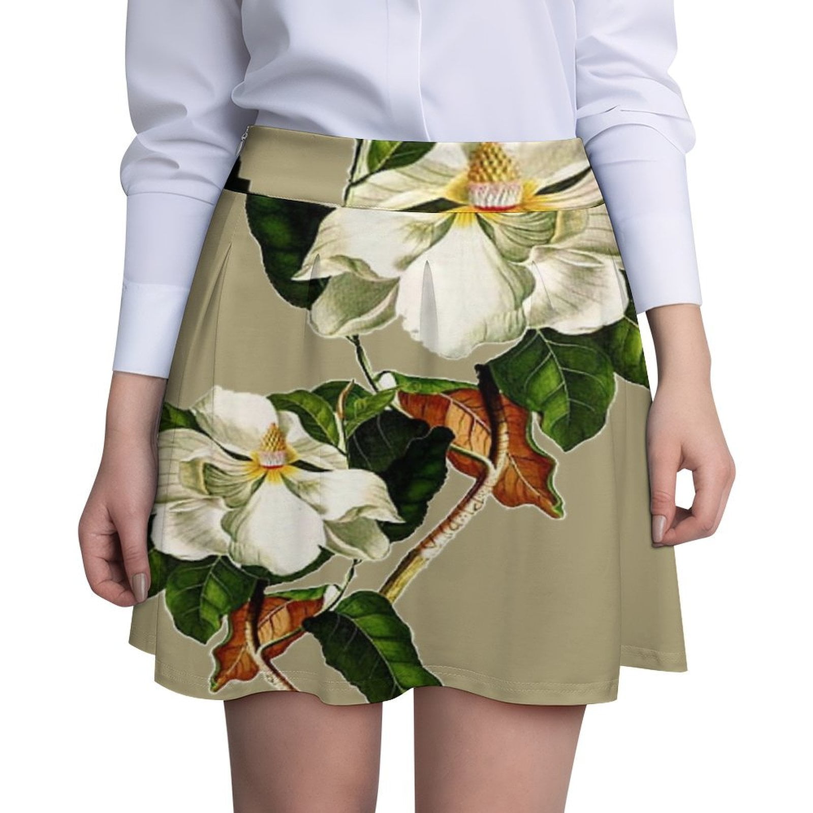 Vintage White Magnolia Pattern on Khaki Background Women's Casual Mini ...