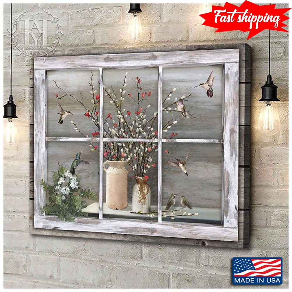 Vintage White Wooden Window Frame With Hummingbirds Flying Around Tiny ...