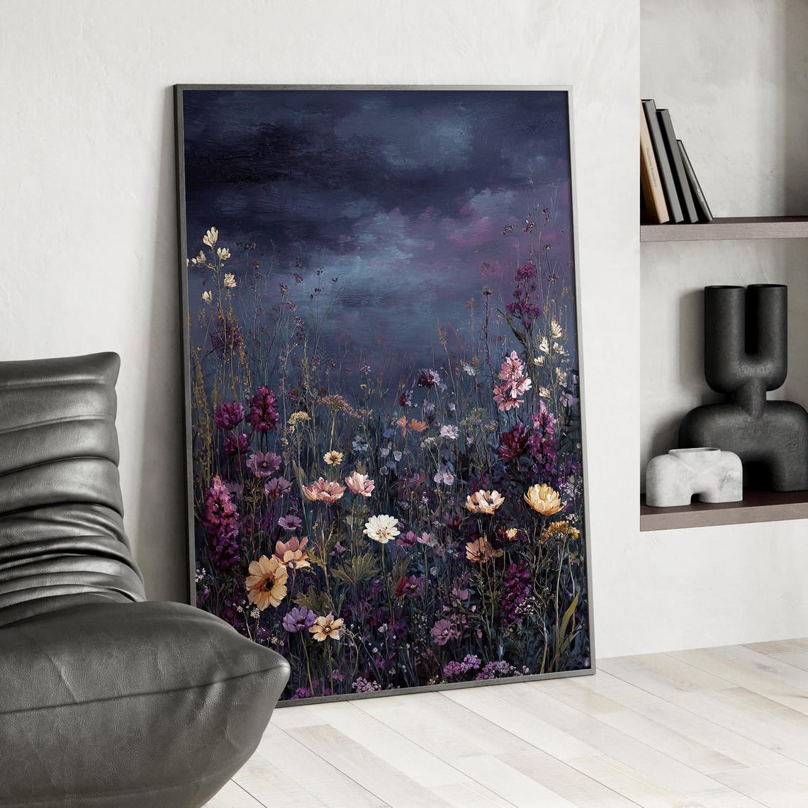 Vintage Wildflower Field Dark Mauve Moody Floral Landscape Dramatic ...