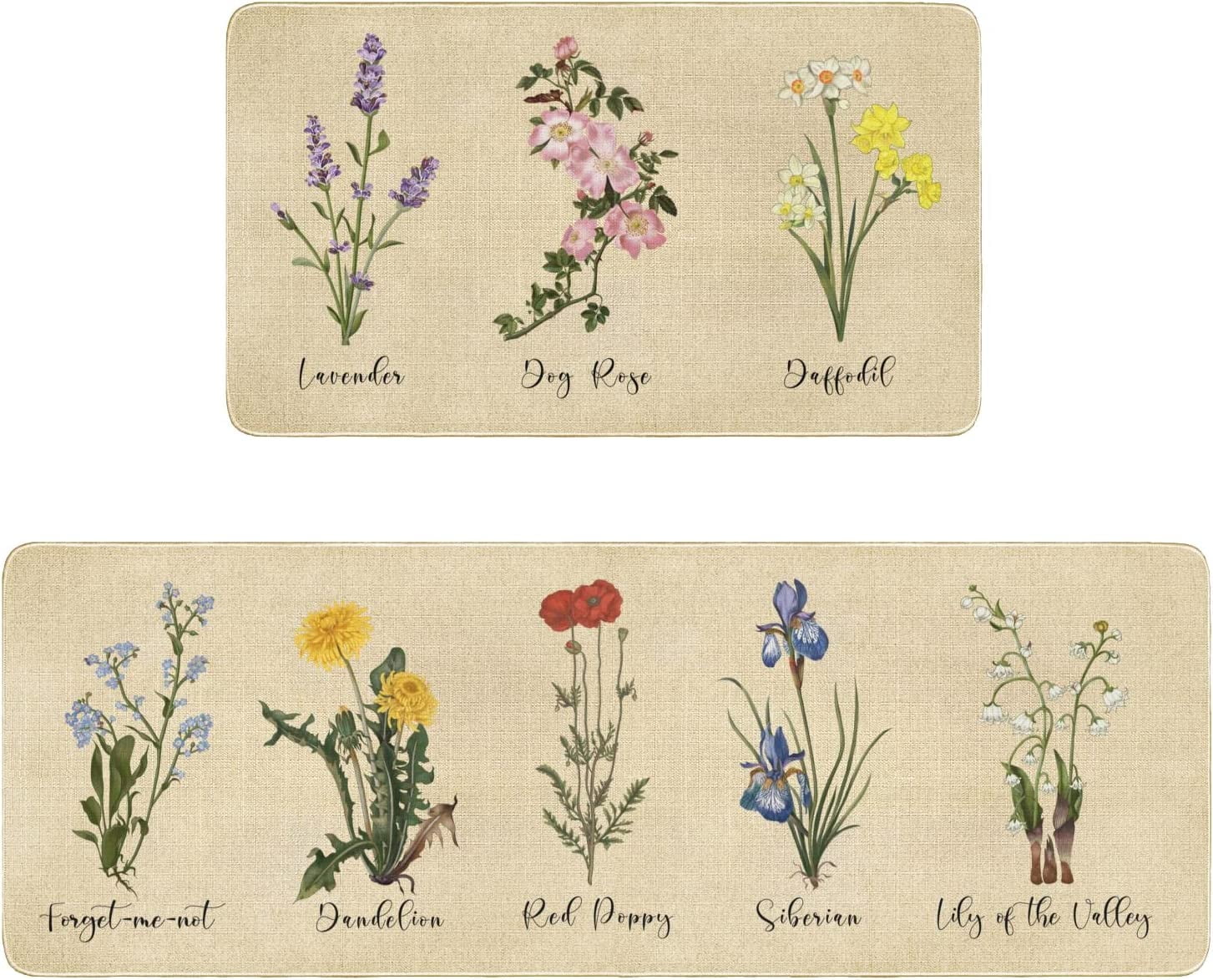 Vintage Wildflowers Kitchen Mat Set of 2,Floral Farmhouse Kitchen Rugs ...