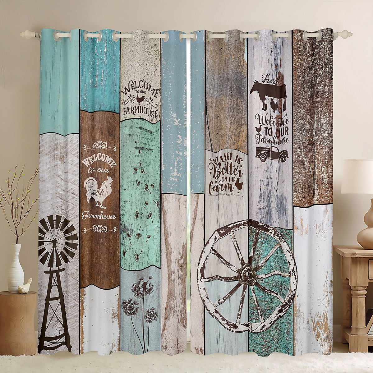 Vintage Windmill Curtains & Drapes 52"Wx63"L, Farmhouse Rustic Wheel ...