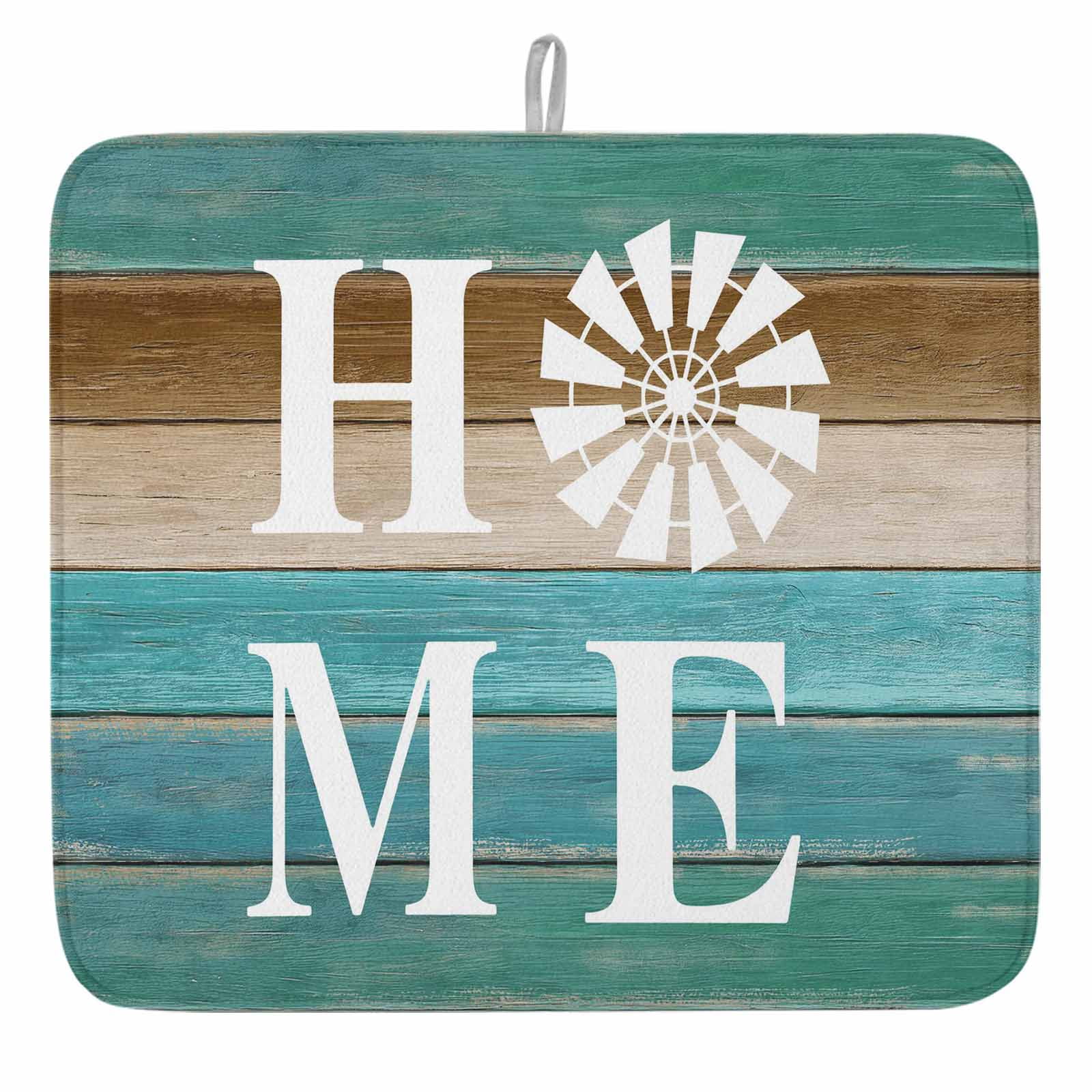 Vintage Windmill HOME Dish Drying Mat, Turquoise Brown Farmhouse Wood ...
