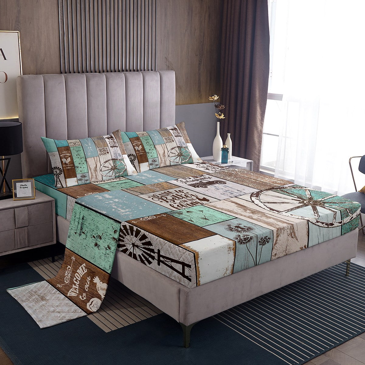 Vintage Windmill Sheet Set Queen Size, Farmhouse Rustic Wheel Sheets ...