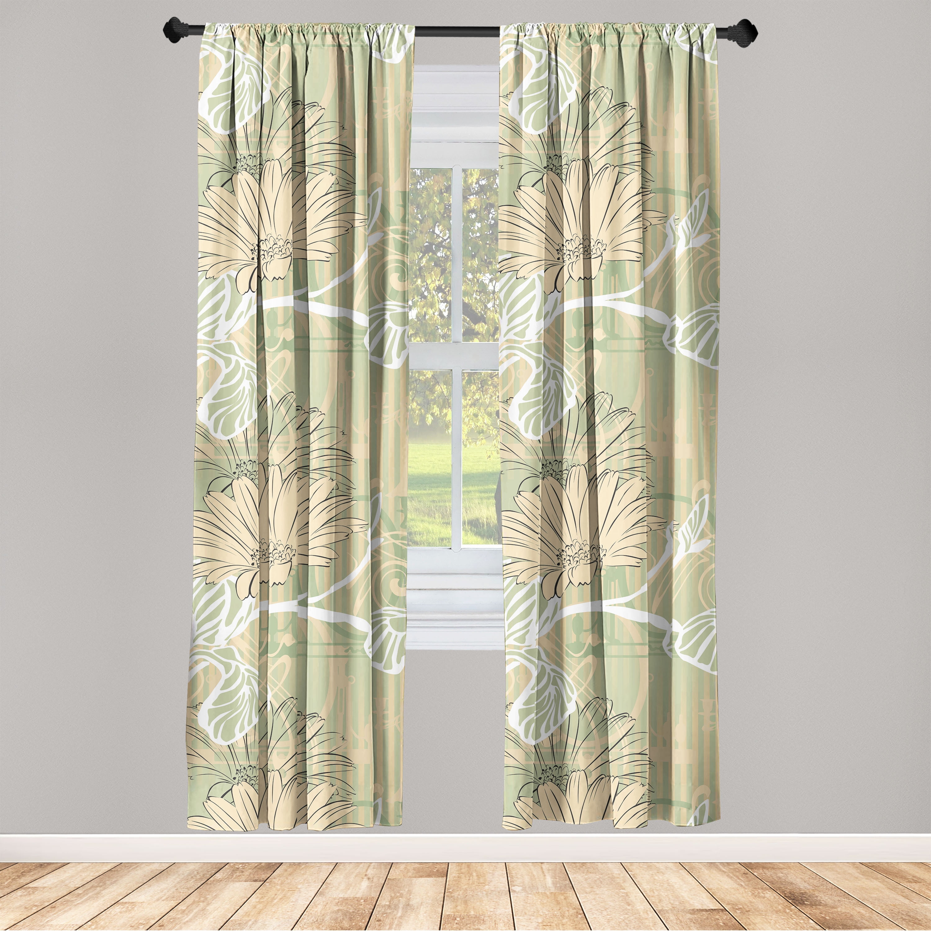 Vintage Window Curtains, Art Nouveau Inspired Nostalgic Outline Bold Flowers Pastel Colors ...