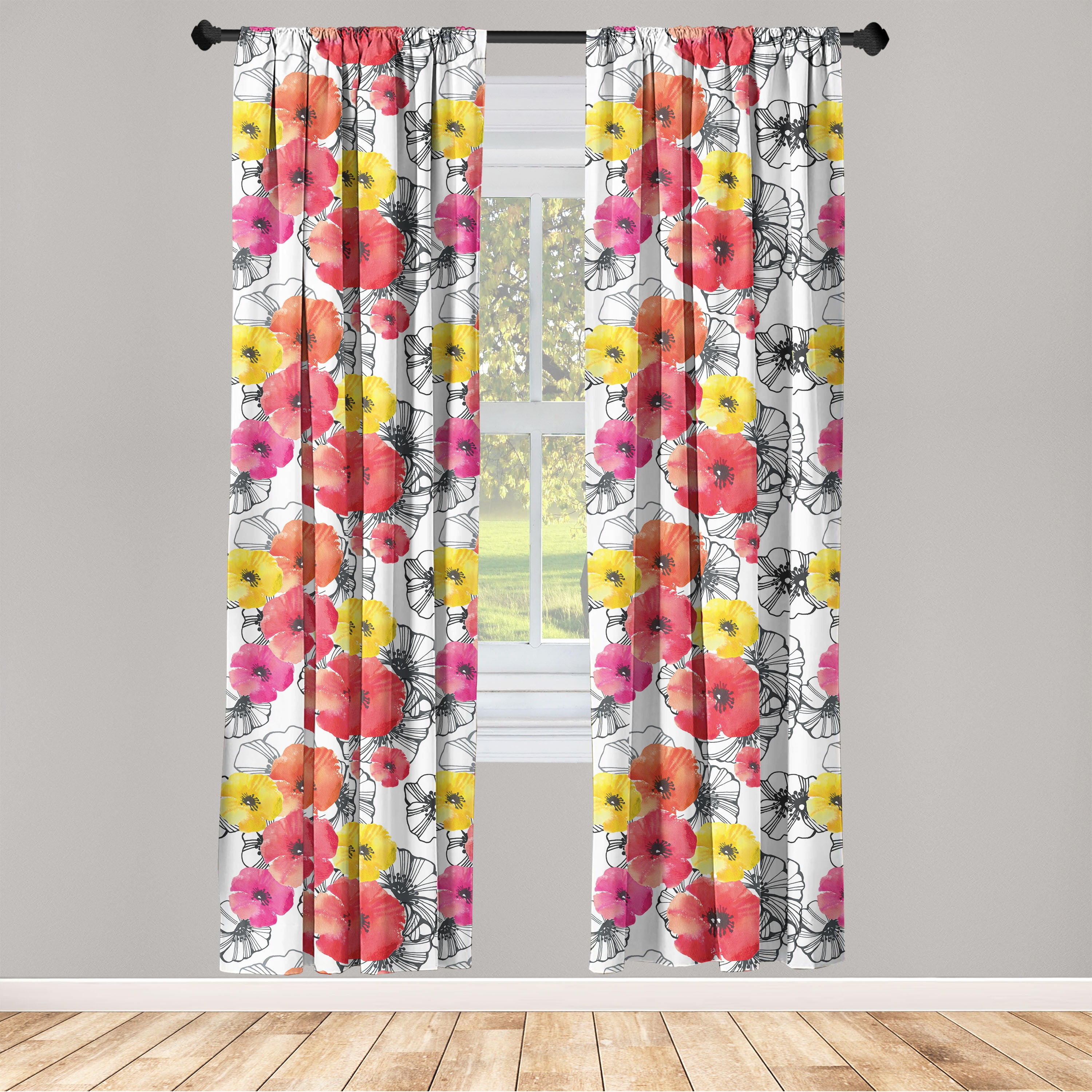 Vintage Window Curtains, Colorful Poppy Flowers Pattern Hand-Drawn Floral Art on Plain Back ...