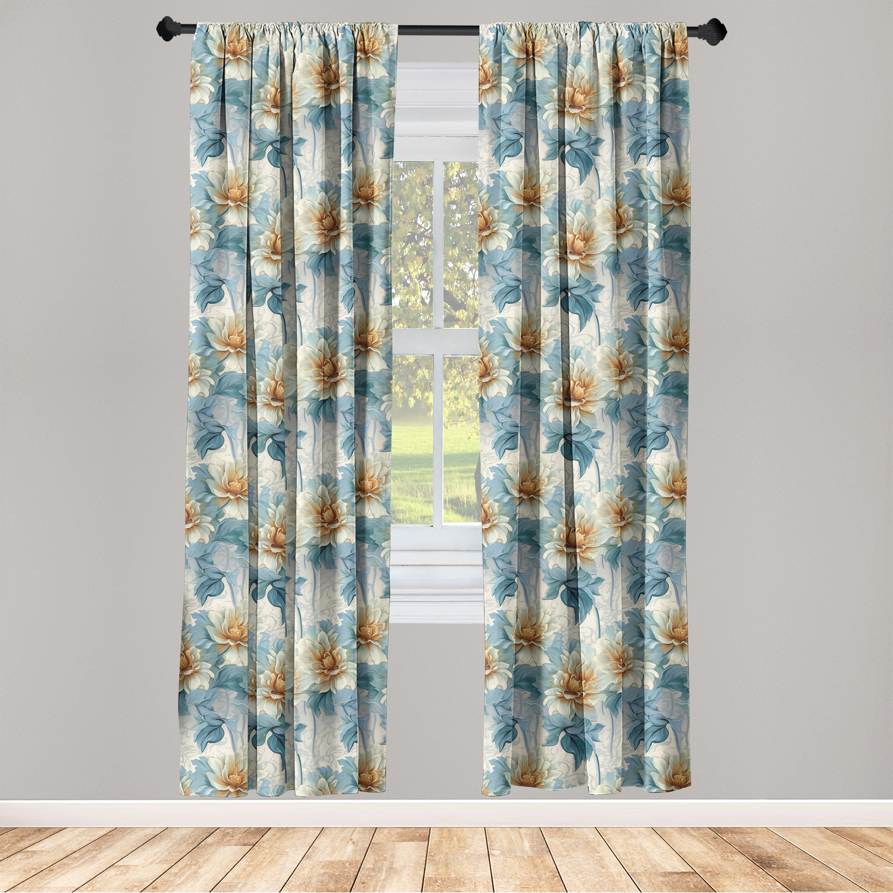 Vintage Window Curtains, Floral Composition with Digital Watercolor Effect Creamy Soft Colors ...