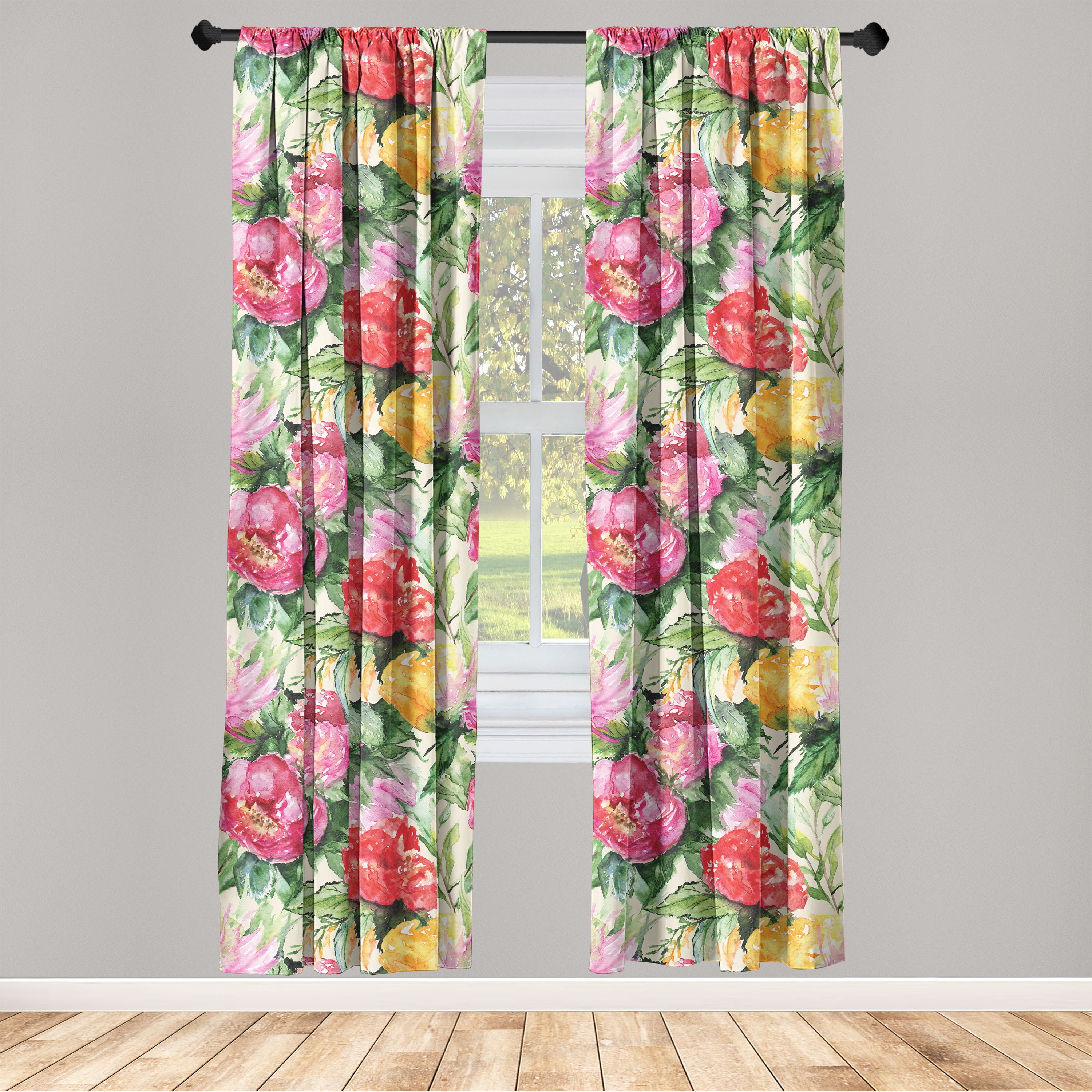 Vintage Window Curtains, Floral Spring Theme Peony Rose Flowers Leaves Watercolor Illustration ...