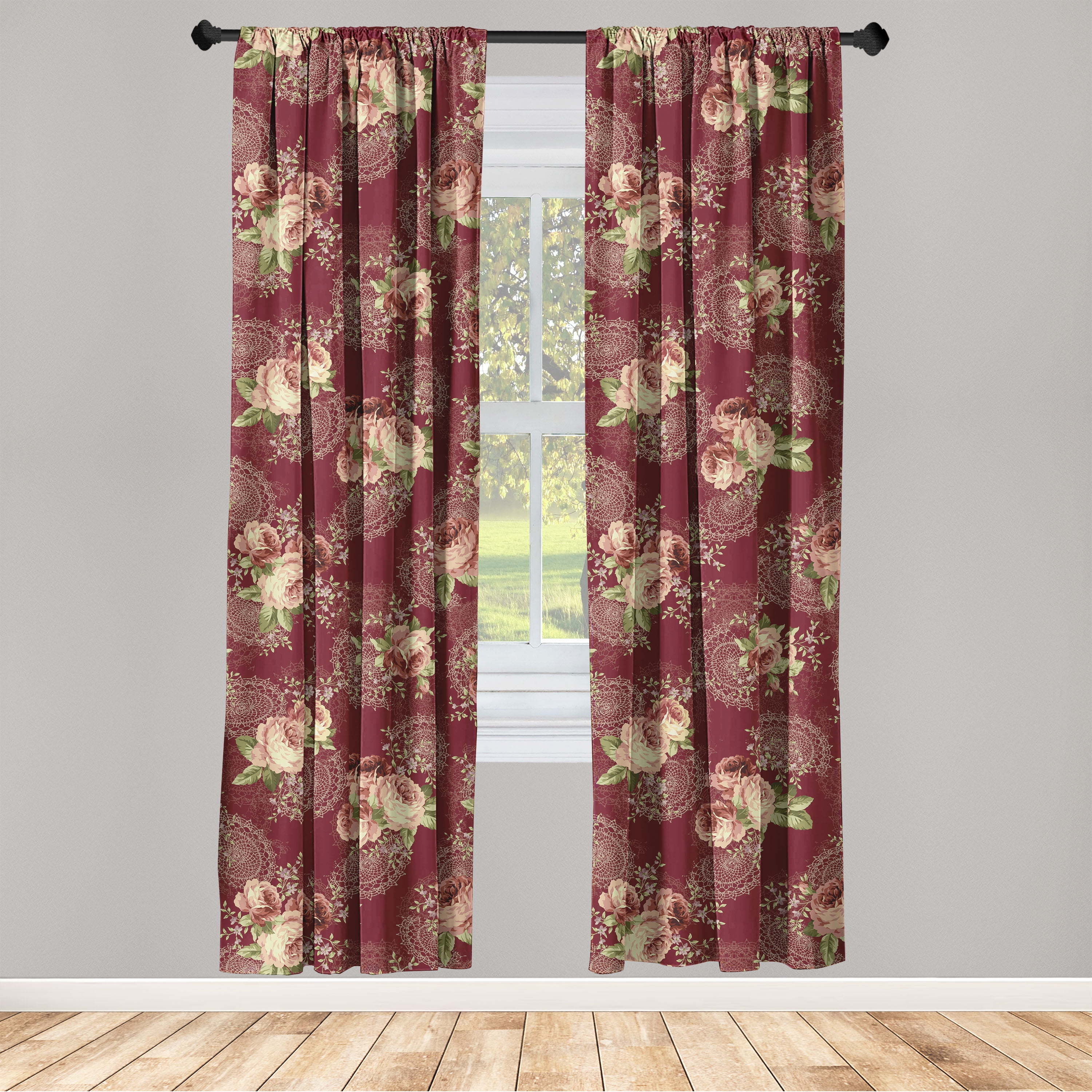 Vintage Window Curtains, Floral Theme Repetitive Rose Flowers and Leaves Pattern Illustration ...