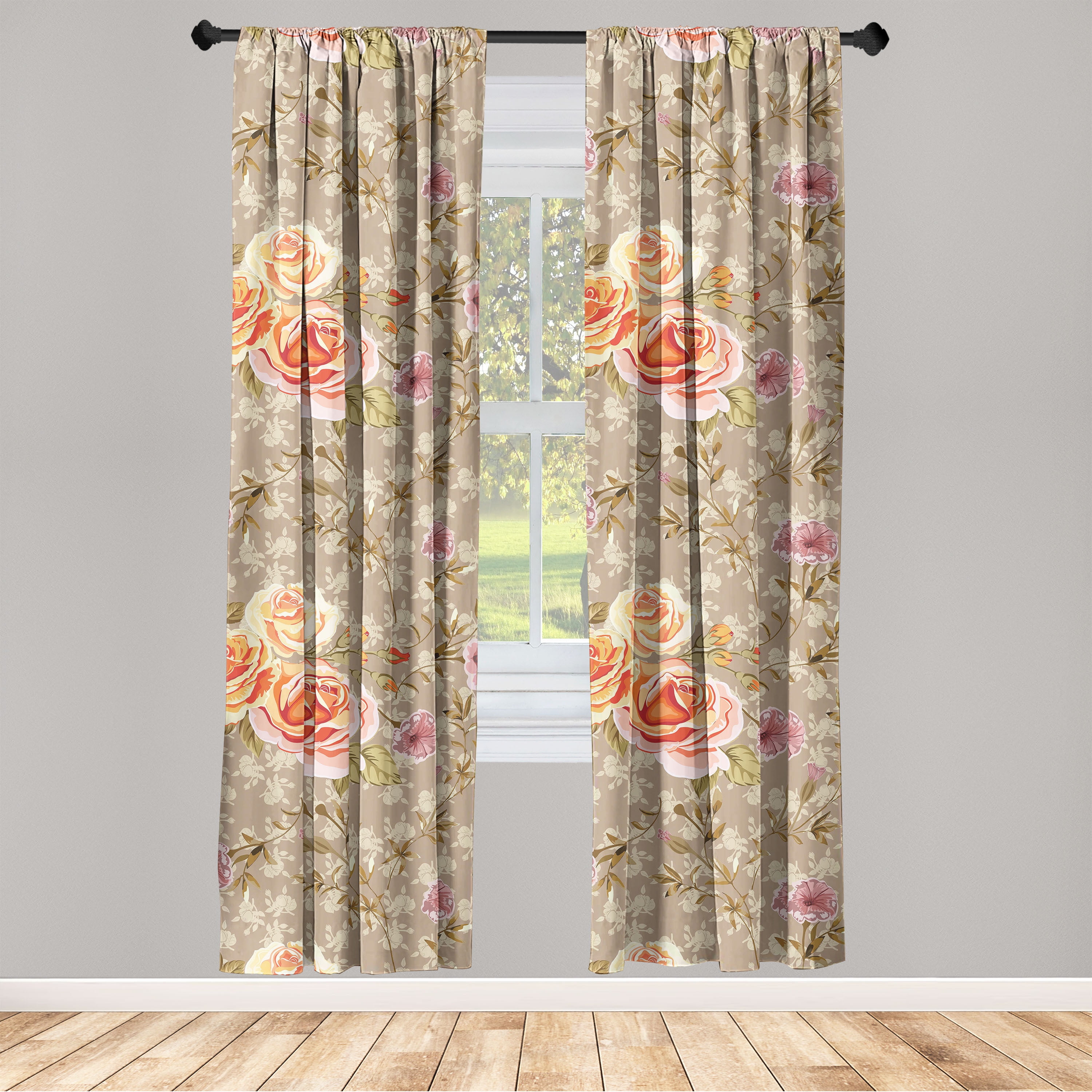 Vintage Window Curtains, Nature Bloom Nostalgic Style Illustrated Rose Drawings and Leaves Print ...