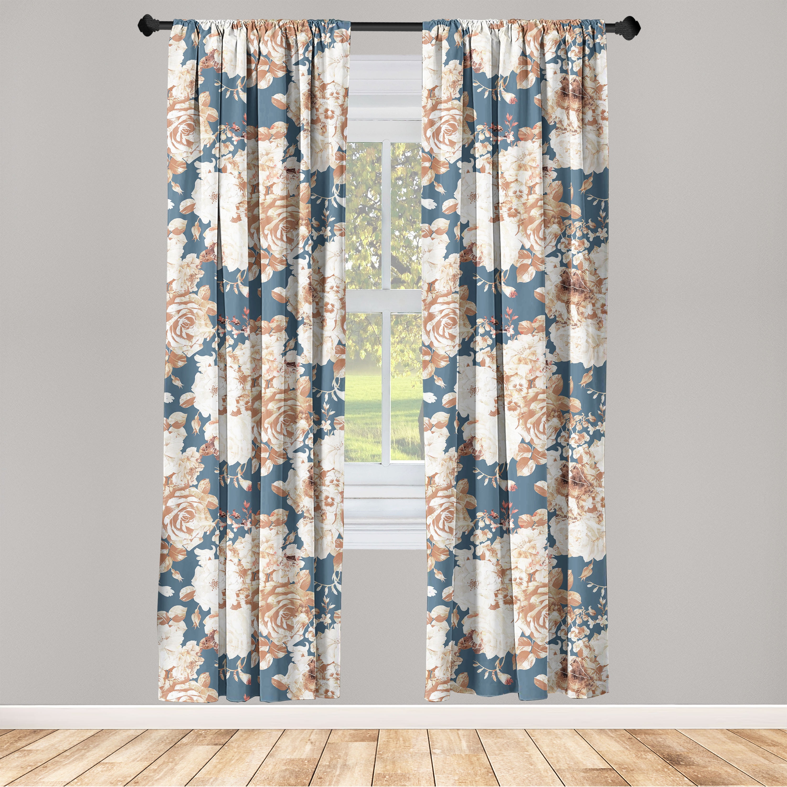 Vintage Window Curtains, Nostalgic Bouquet Classic Retro Fashion of Blooming Flowers ...