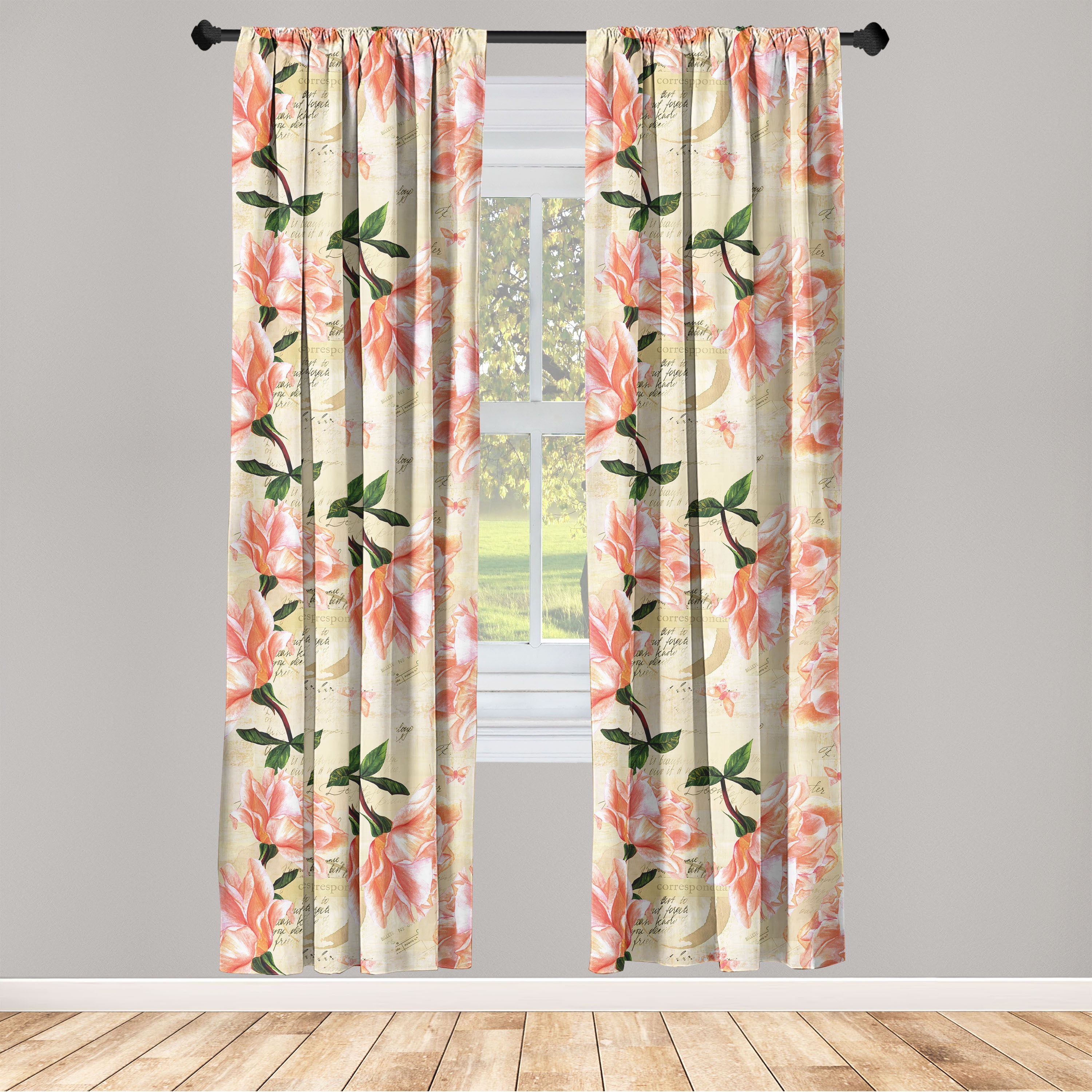 Vintage Window Curtains, Nostalgic Hand Writing Details Romantic Flowers Pastel Floral Pattern ...