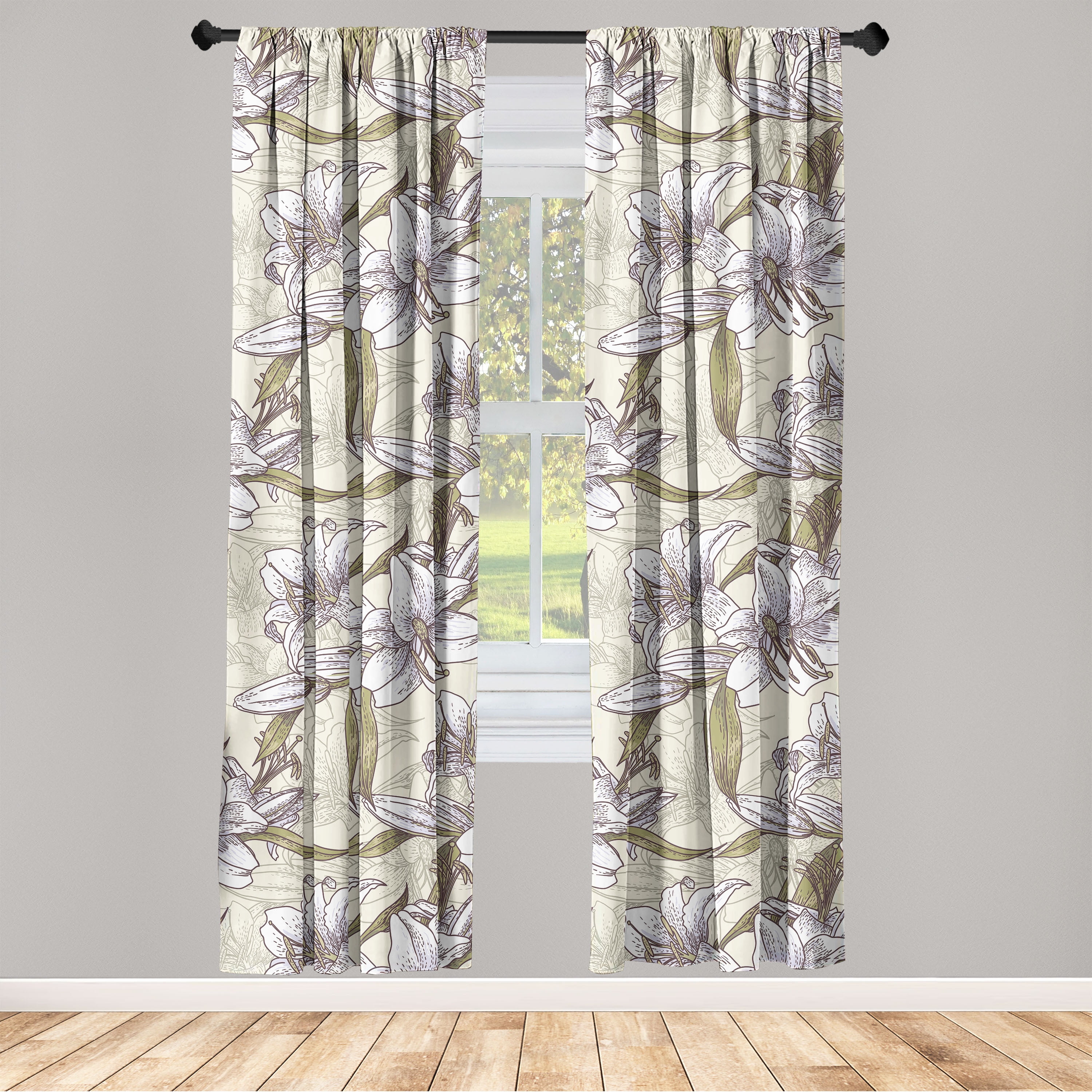 Vintage Window Curtains, Repeating Pattern of Lily Flowers and Leaves ...