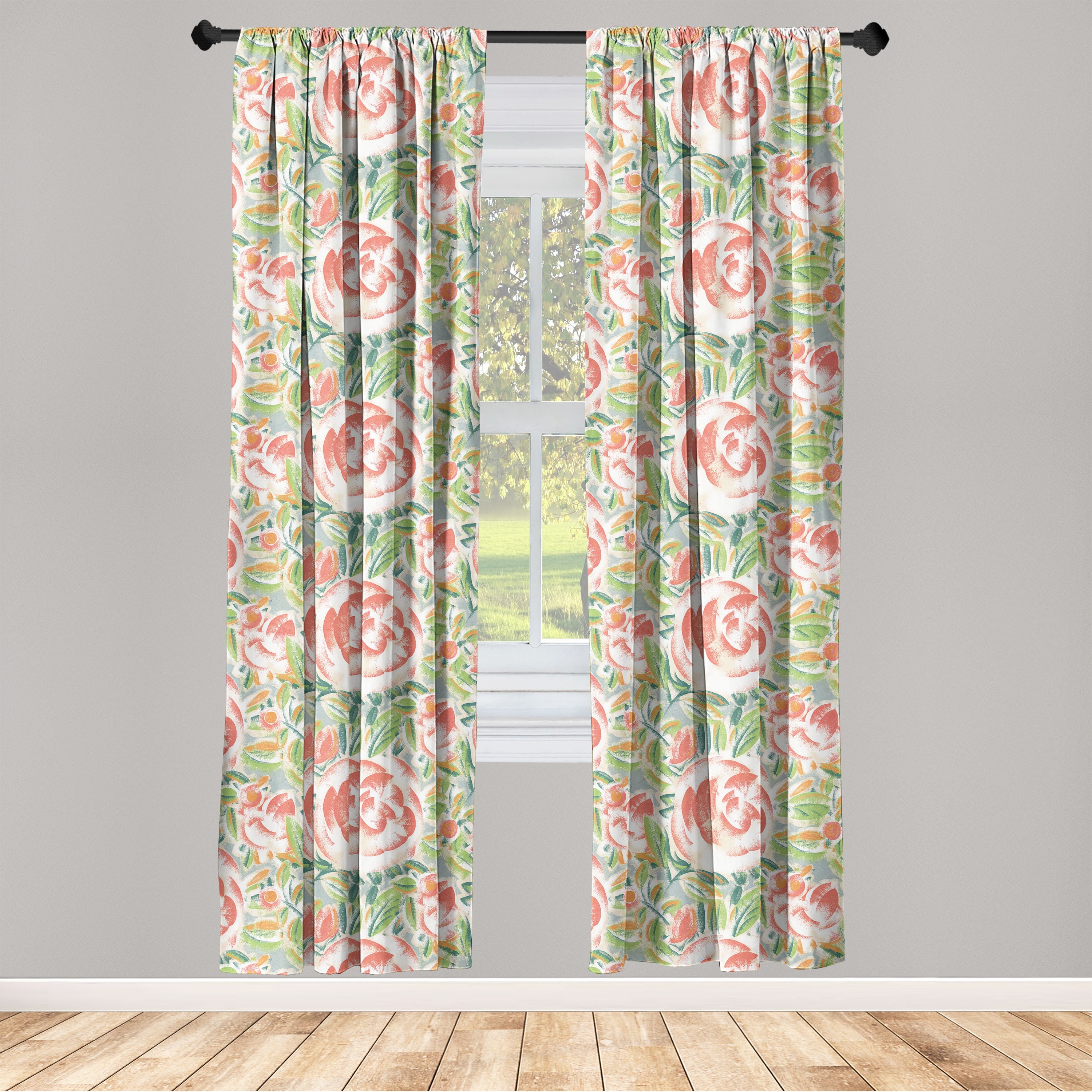 Vintage Window Curtains, Repetitive Leaves with Spring Flowers Minimalistic Grunge Ornament ...