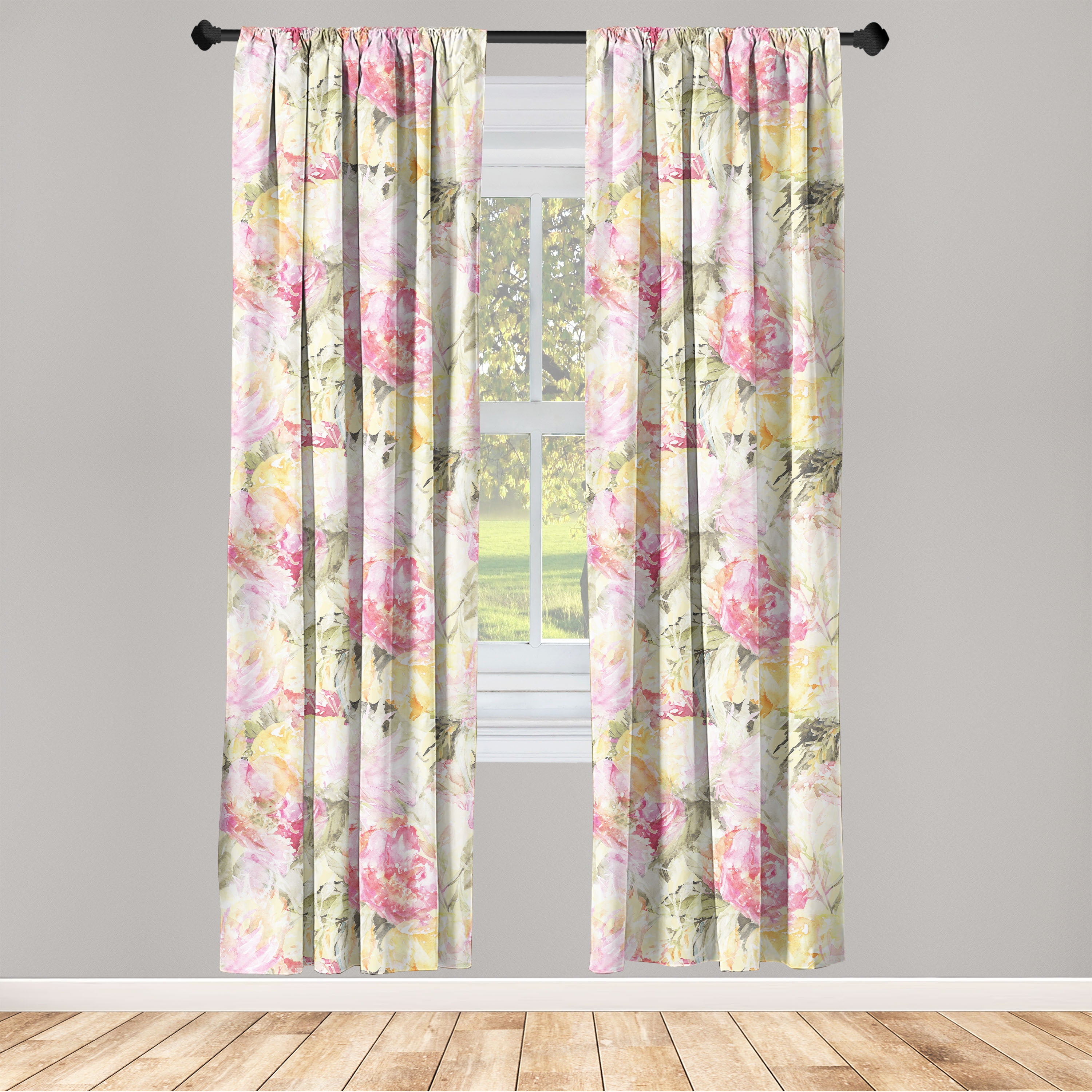 Vintage Window Curtains, Repetitive Overlapping Rose Flowers Floral Watercolor Illustration ...