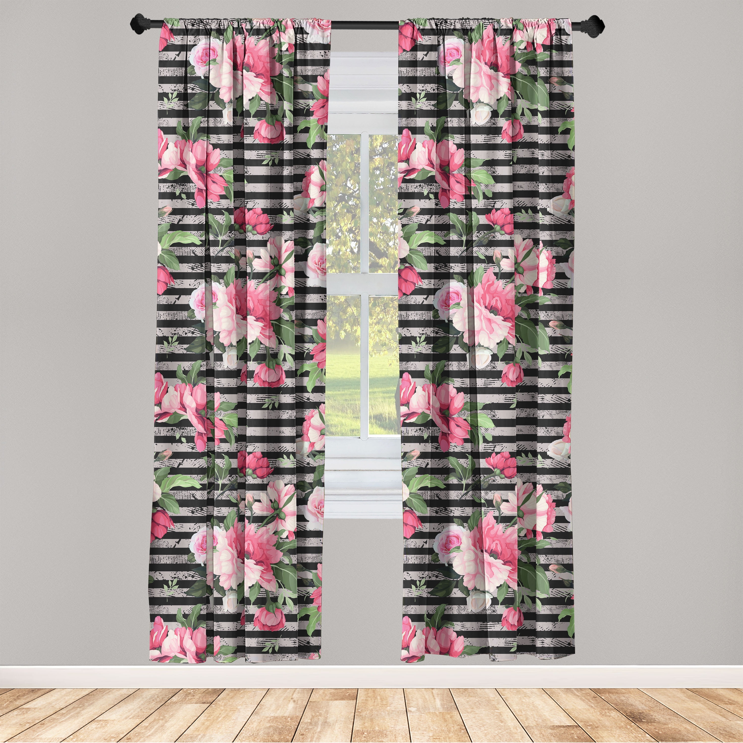 Vintage Window Curtains, Repetitive Rose Flowers Floral Art on ...