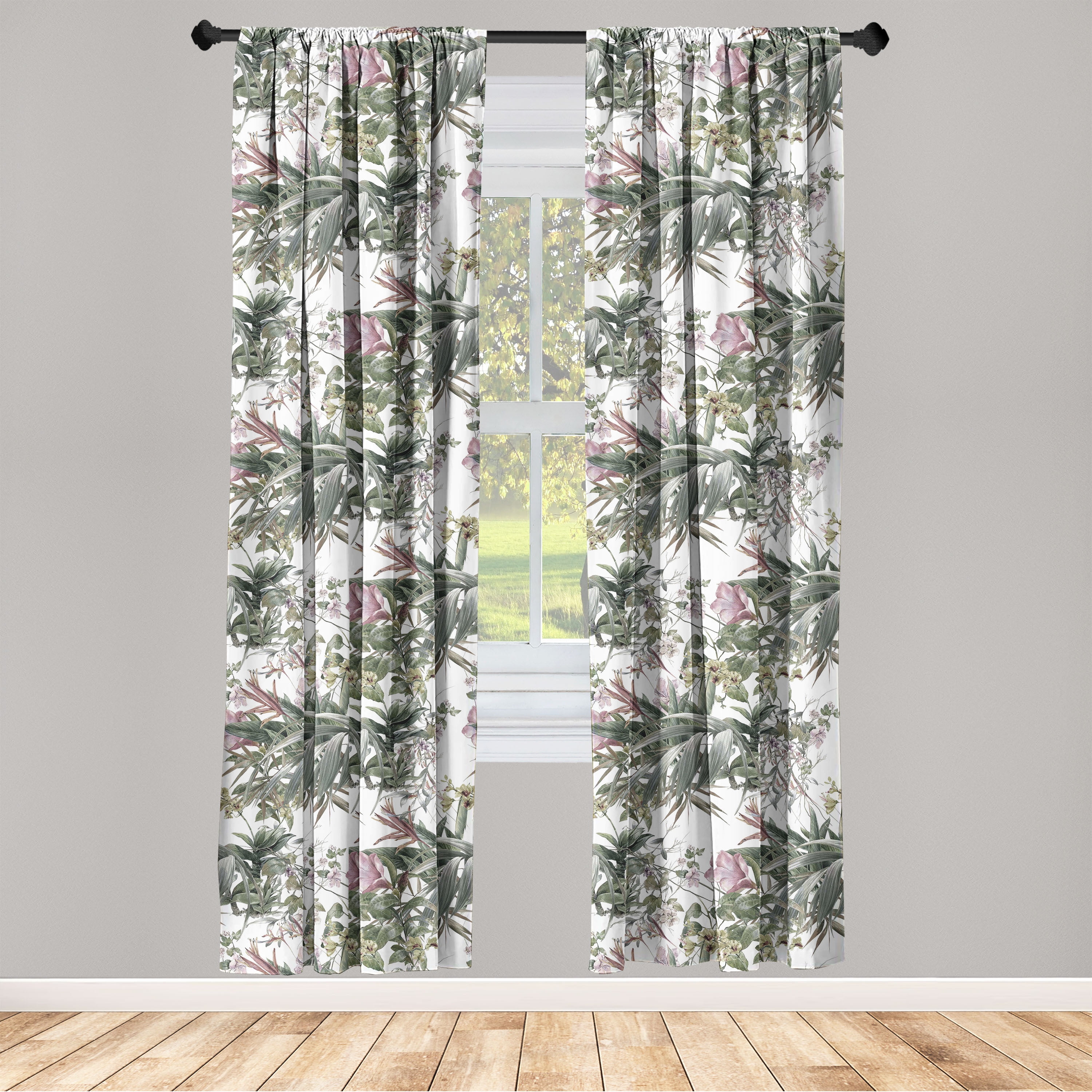 Vintage Window Curtains, Retro Blossoming Exotic Leaves Nostalgic Botanical Design Nature ...