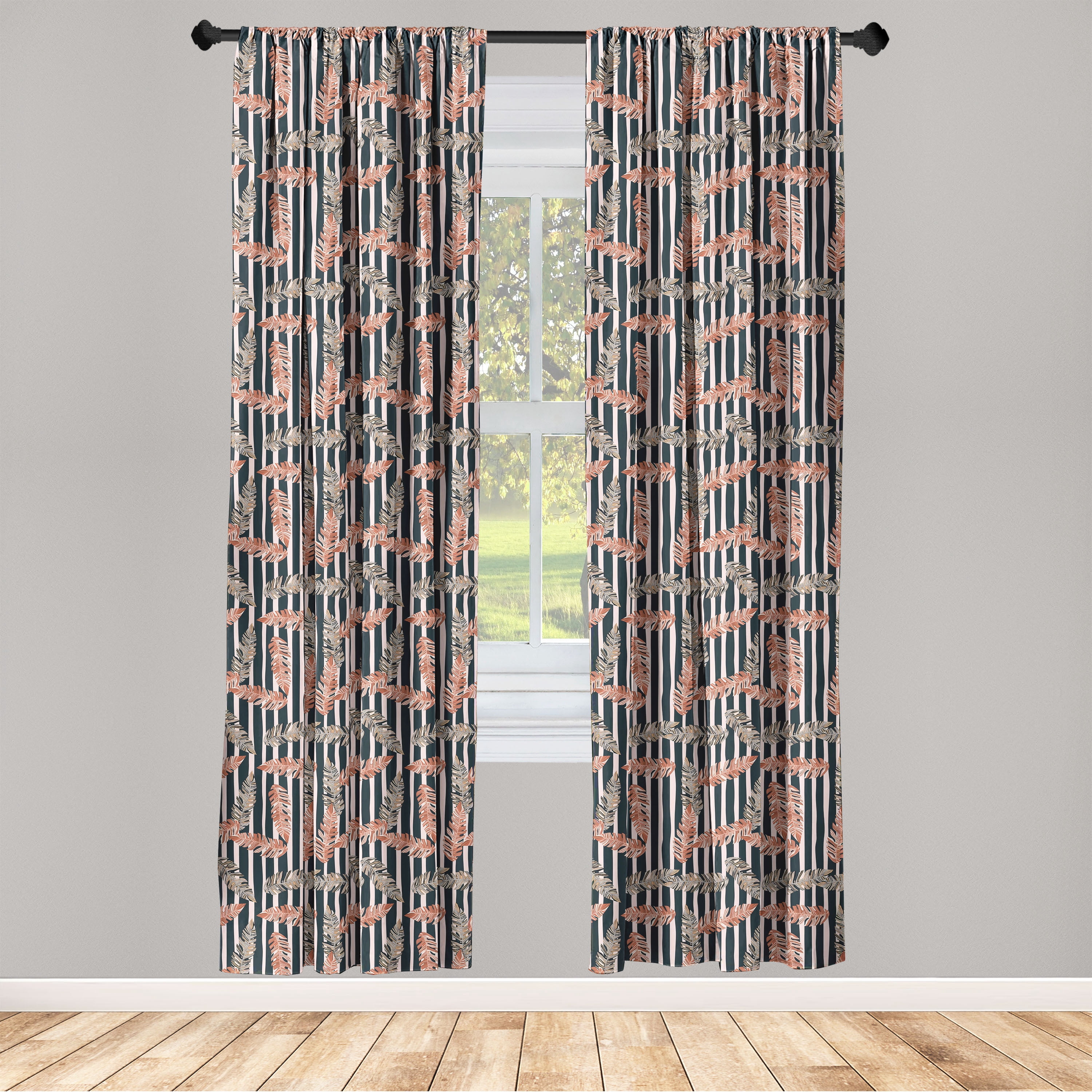 Vintage Window Curtains, Romantic Style Illustrated Leaves Drawing on ...