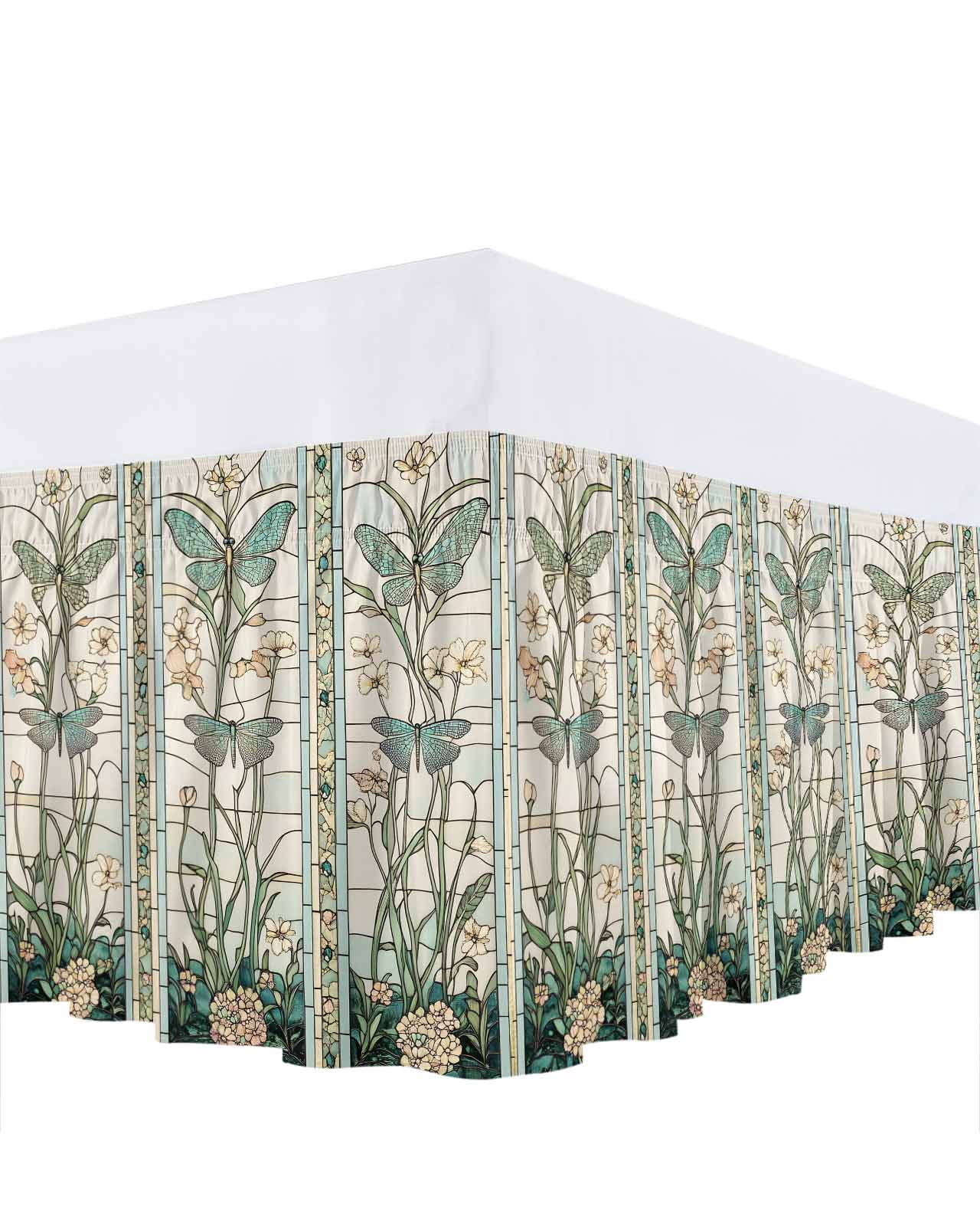 Vintage Window Flowering Ruffle Bed Skirt King Size Green Floral Leaf ...