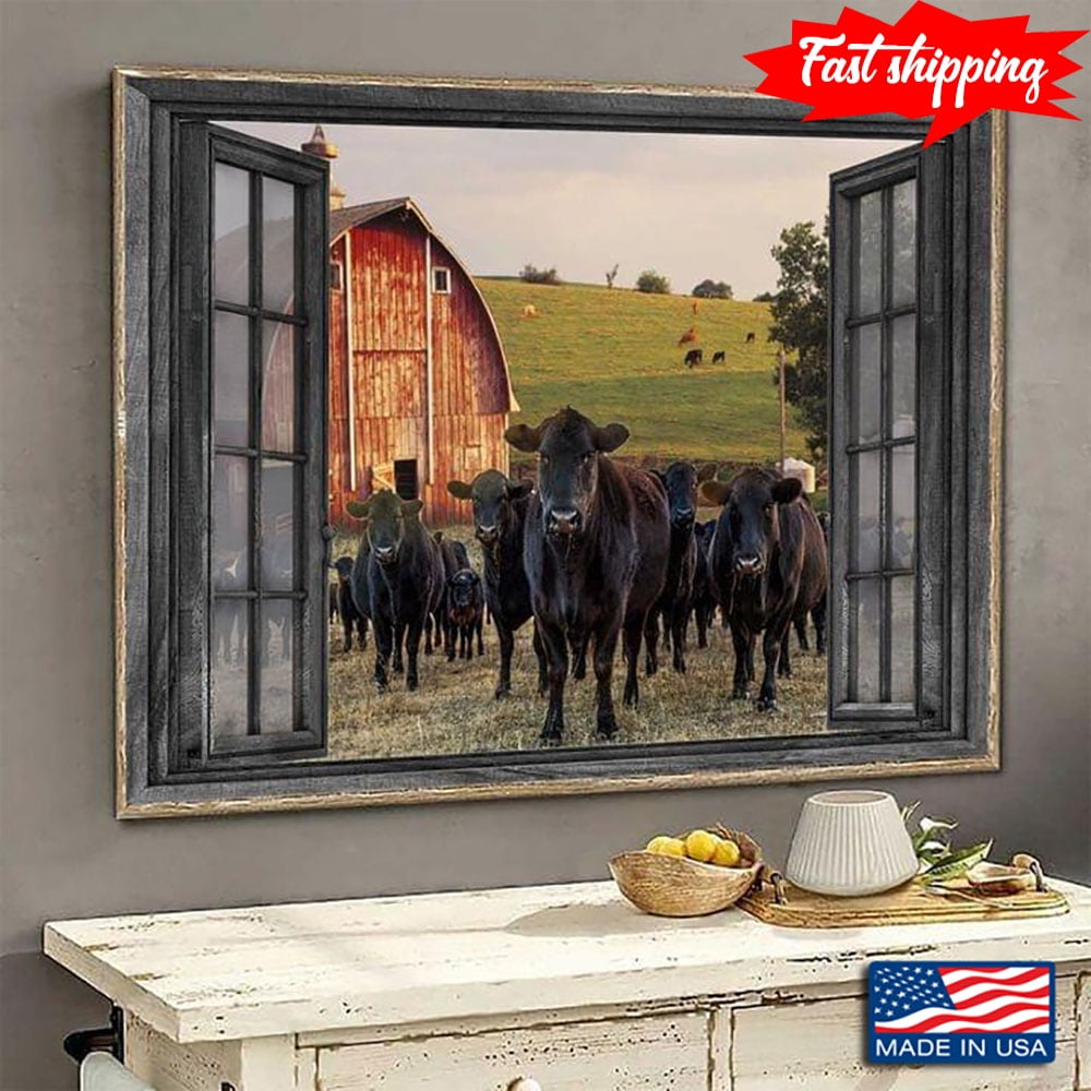 Vintage Window Frame With Black Cows On Farm 24 x 36 Inch Poster ...