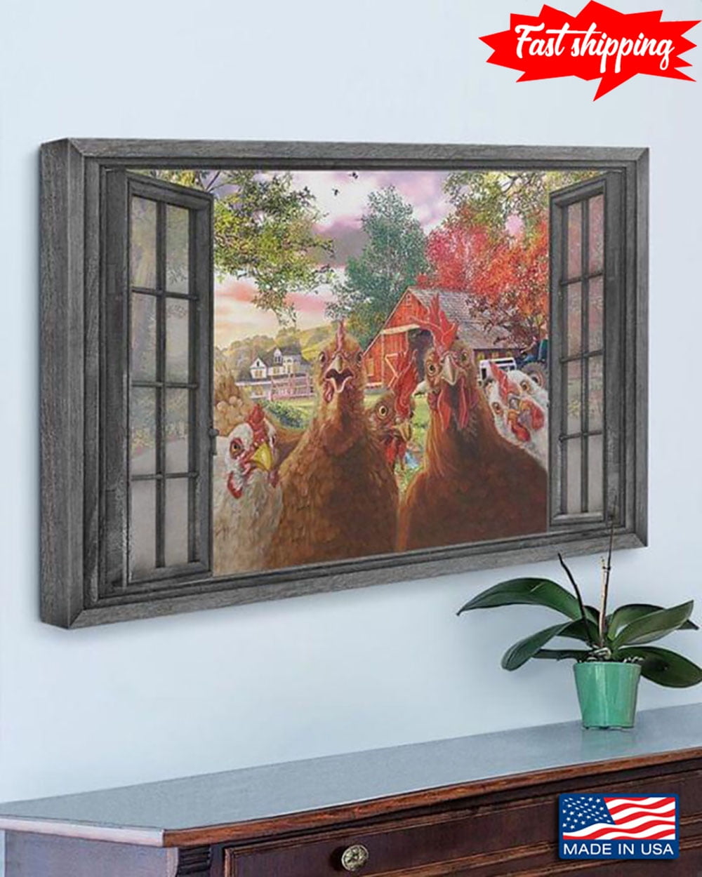 Vintage Window Frame With Chicken Family Outside 16 x 24 Inch Poster ...