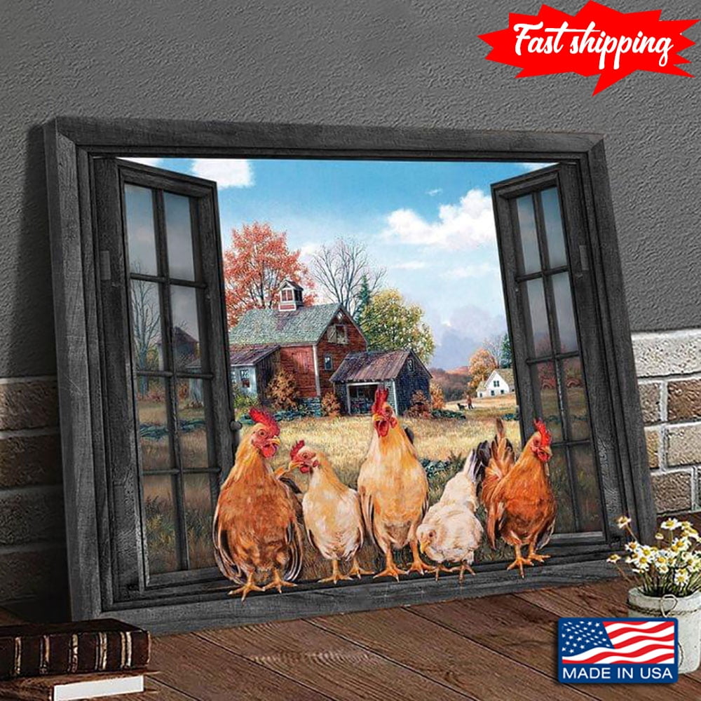 Vintage Window Frame With Chickens On Farm 24 x 36 Inch Poster ...