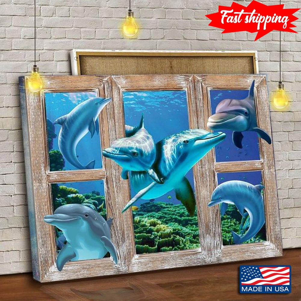 Vintage Window Frame With Dolphins Swimming In The Ocean 24 x 36 Inch ...