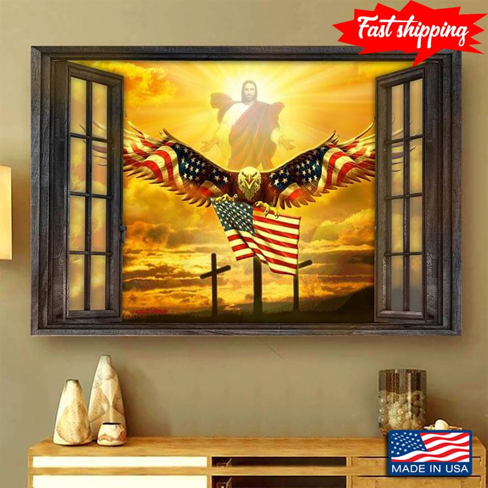 Vintage Window Frame With Jesus Christ And Eagle Holding American Flag ...