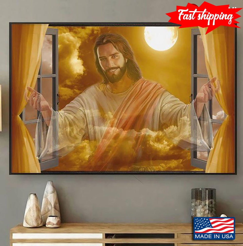 Vintage Window Frame With Jesus Christ Opening His Arms To Welcome ...