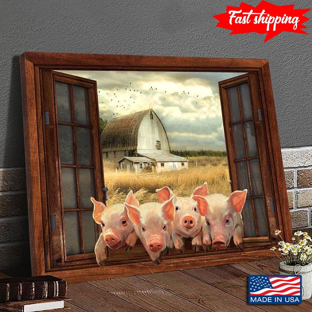 Vintage Window Frame With Pigs On Farm 16 x 24 Inch Poster - Walmart.com