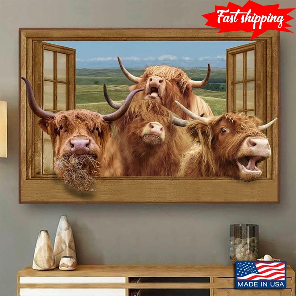 Vintage Window Frame With Scottish Highland Cows On Farm 16 x 24 Inch ...