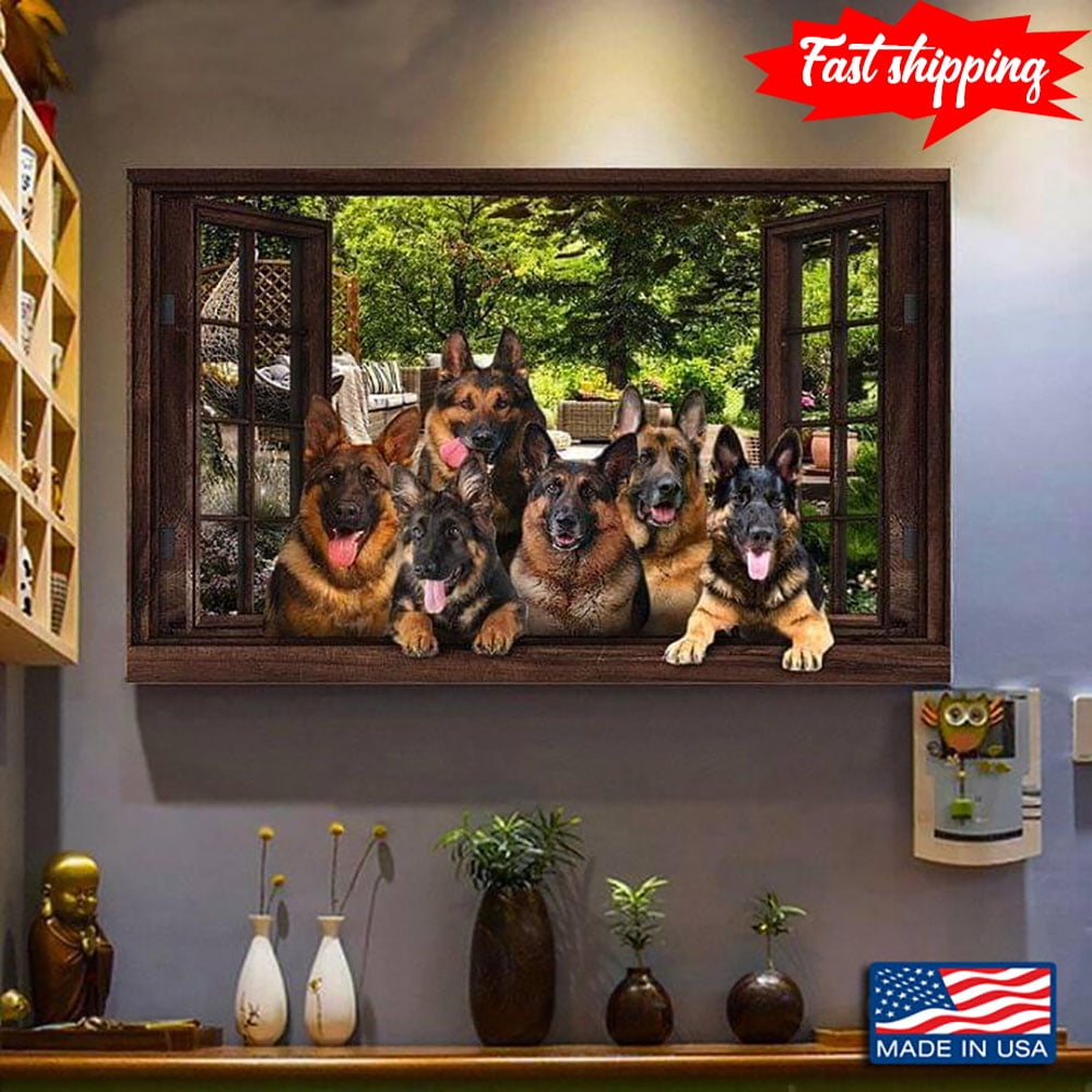 Vintage Window Frame With Six German Shepherd Dogs In The Garden 11 x ...