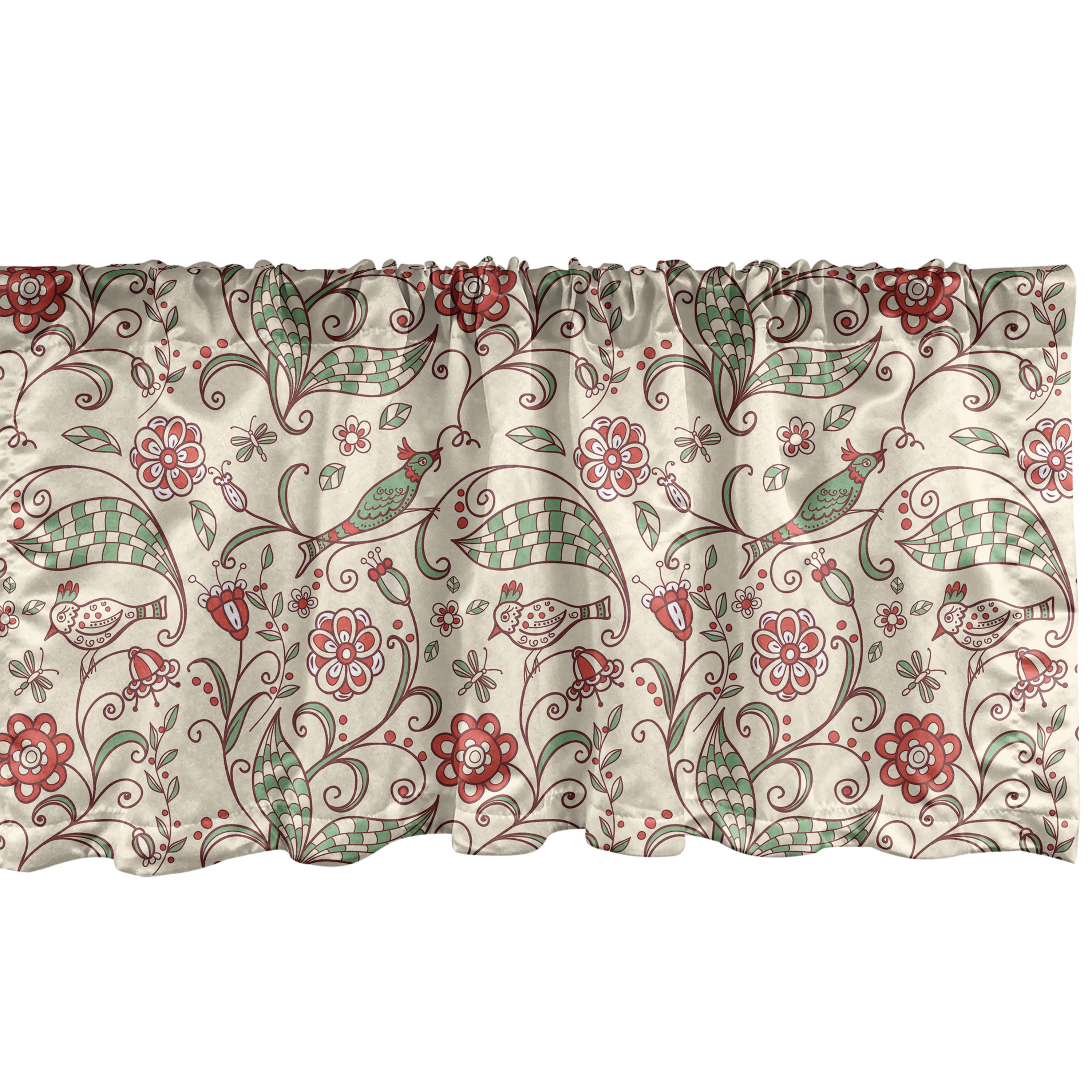 Vintage Window Valance, Folk Birds and Flowers Swirling Ethnic Design ...