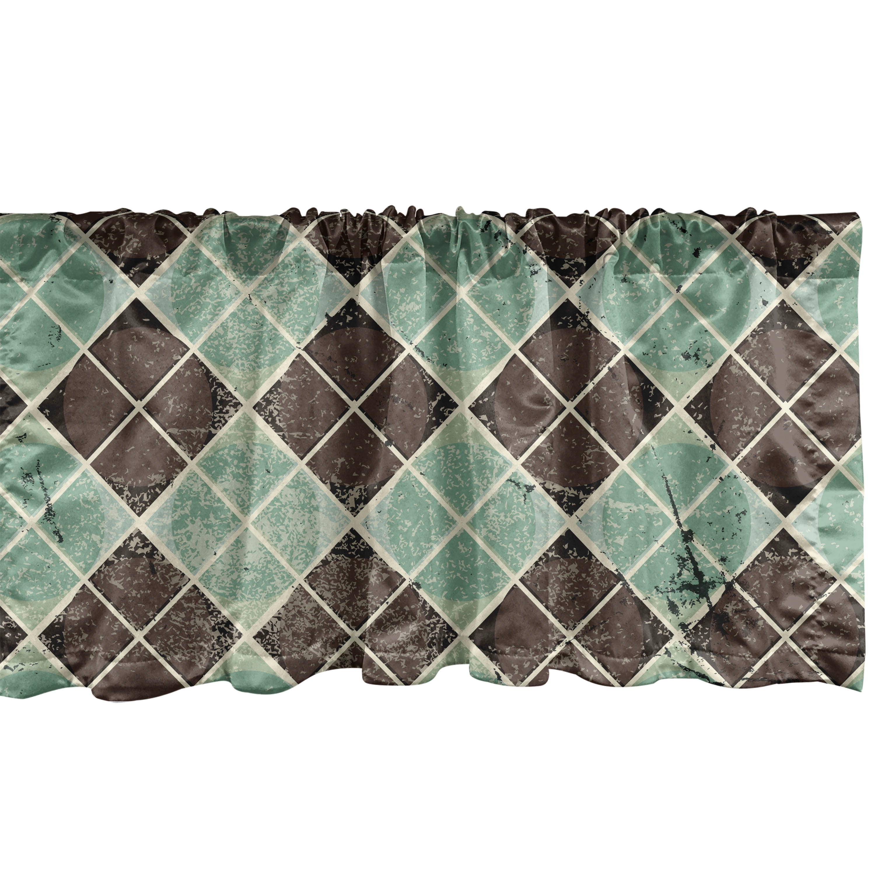 Vintage Window Valance, Geometric Boho Argyle Checkered Mosaic Lozenges and Quadrant Forms Print ...