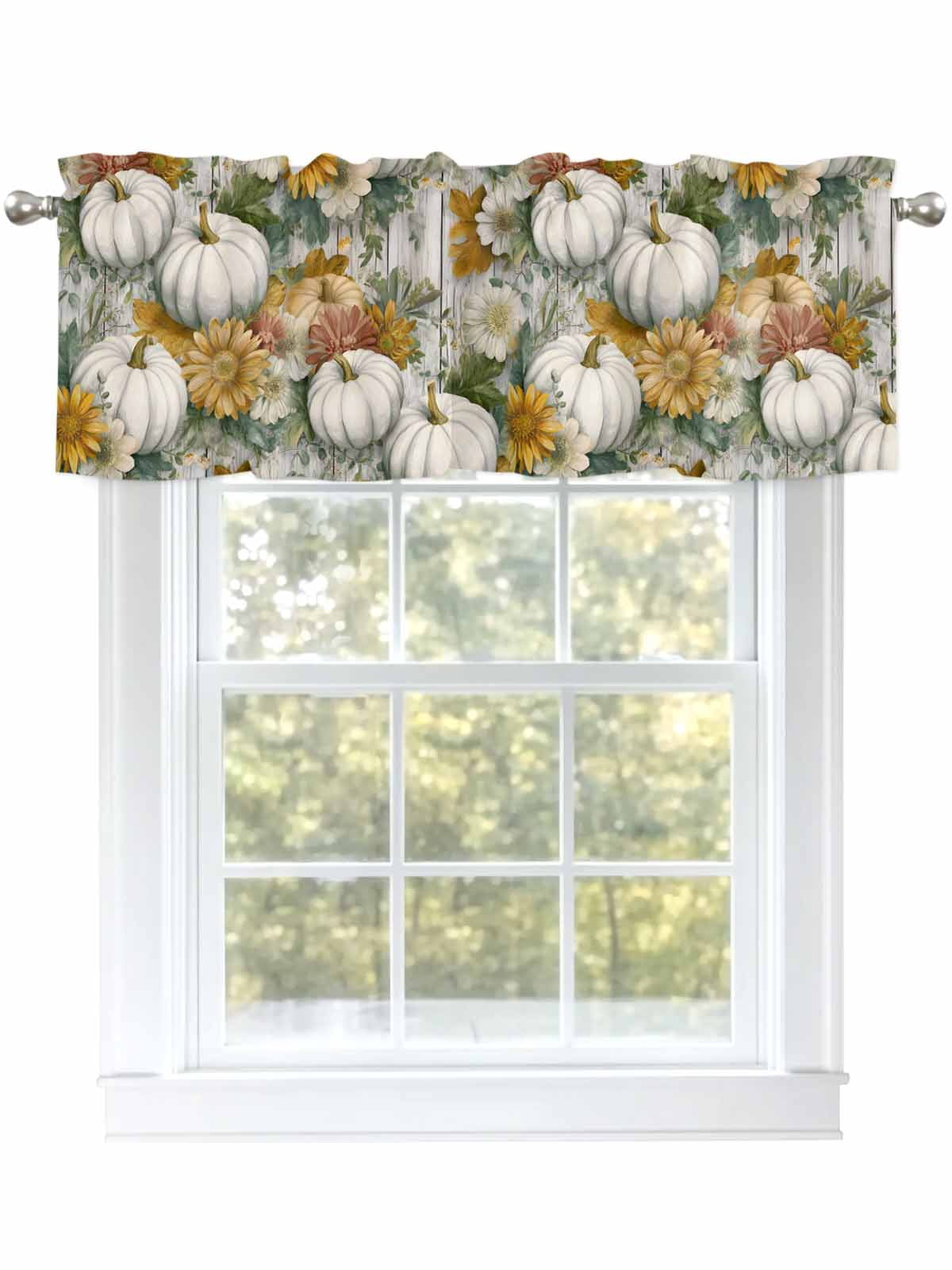 Vintage Window Valances for Kitchen, White Pumpkin Daisy Pastoral Wood ...