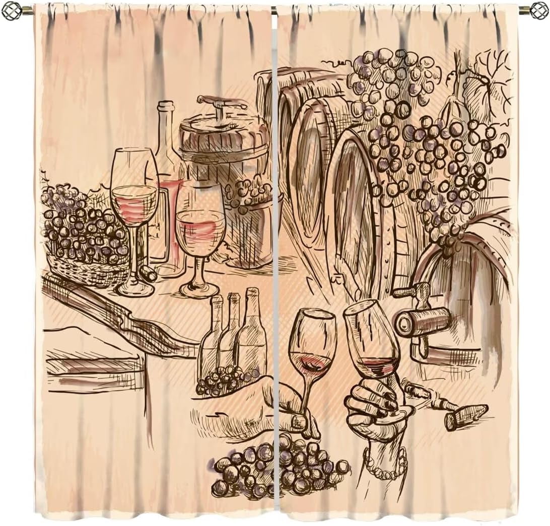 Vintage Wine Curtains,Retro Rustic Farmhouse Red Wine Oak Barrel Window ...