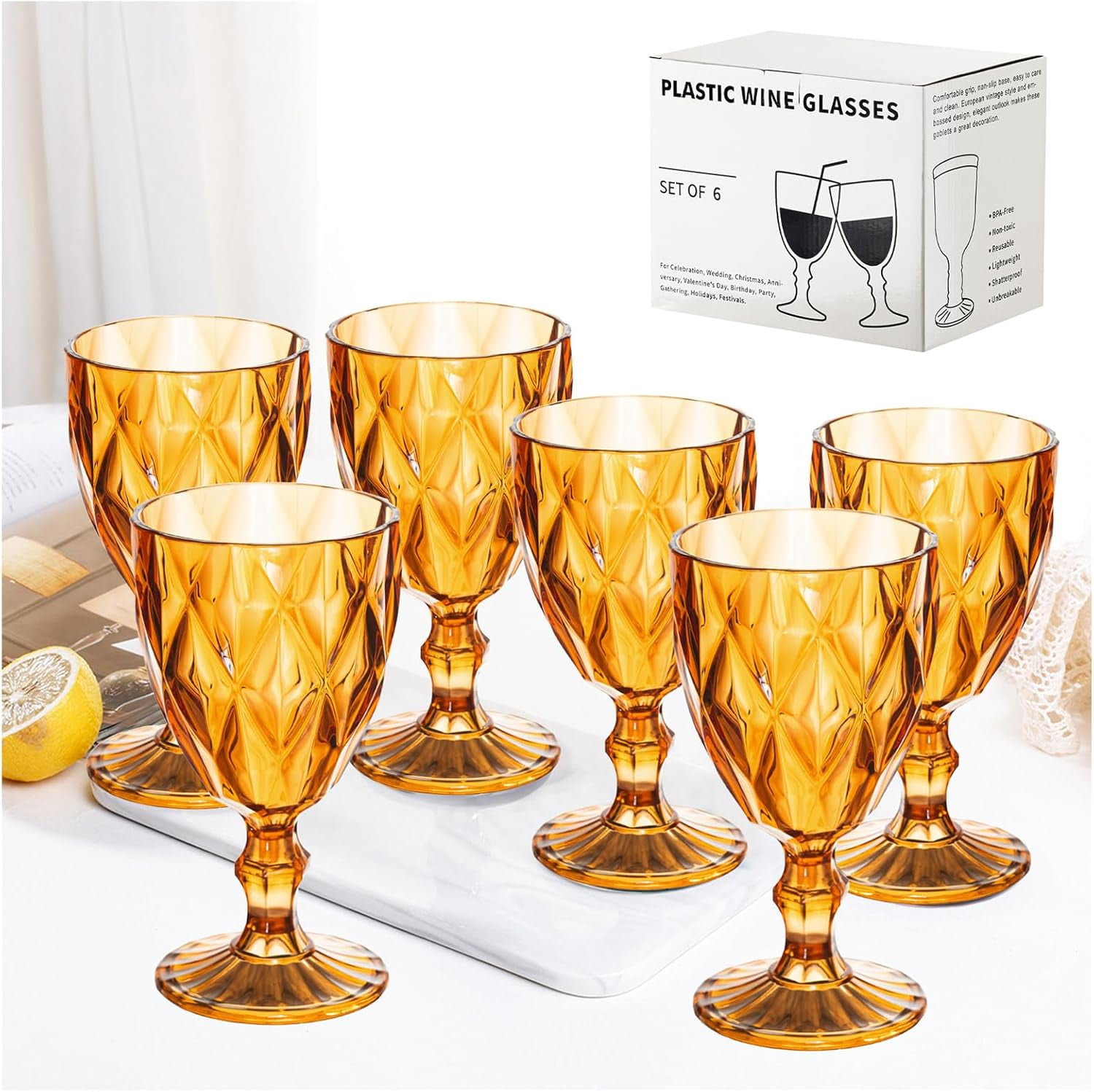 Vintage Wine Glasses Set of 6, Plastic Reusable 12 Ounce Colored Water ...