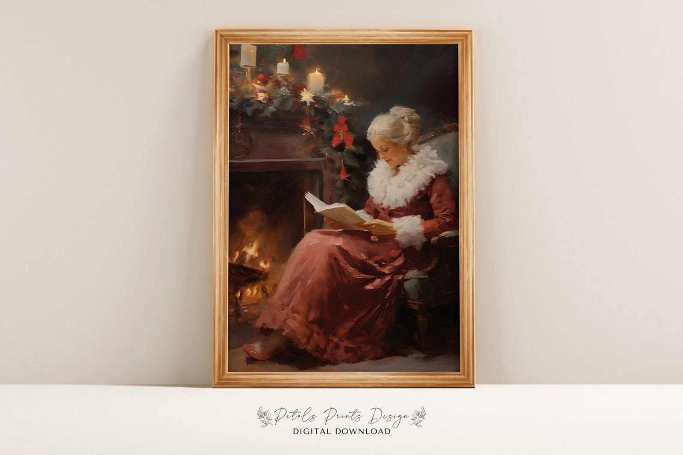 Vintage Winter Art Print, Mrs, Claus Reading By Fireplace UNFRAMED ...