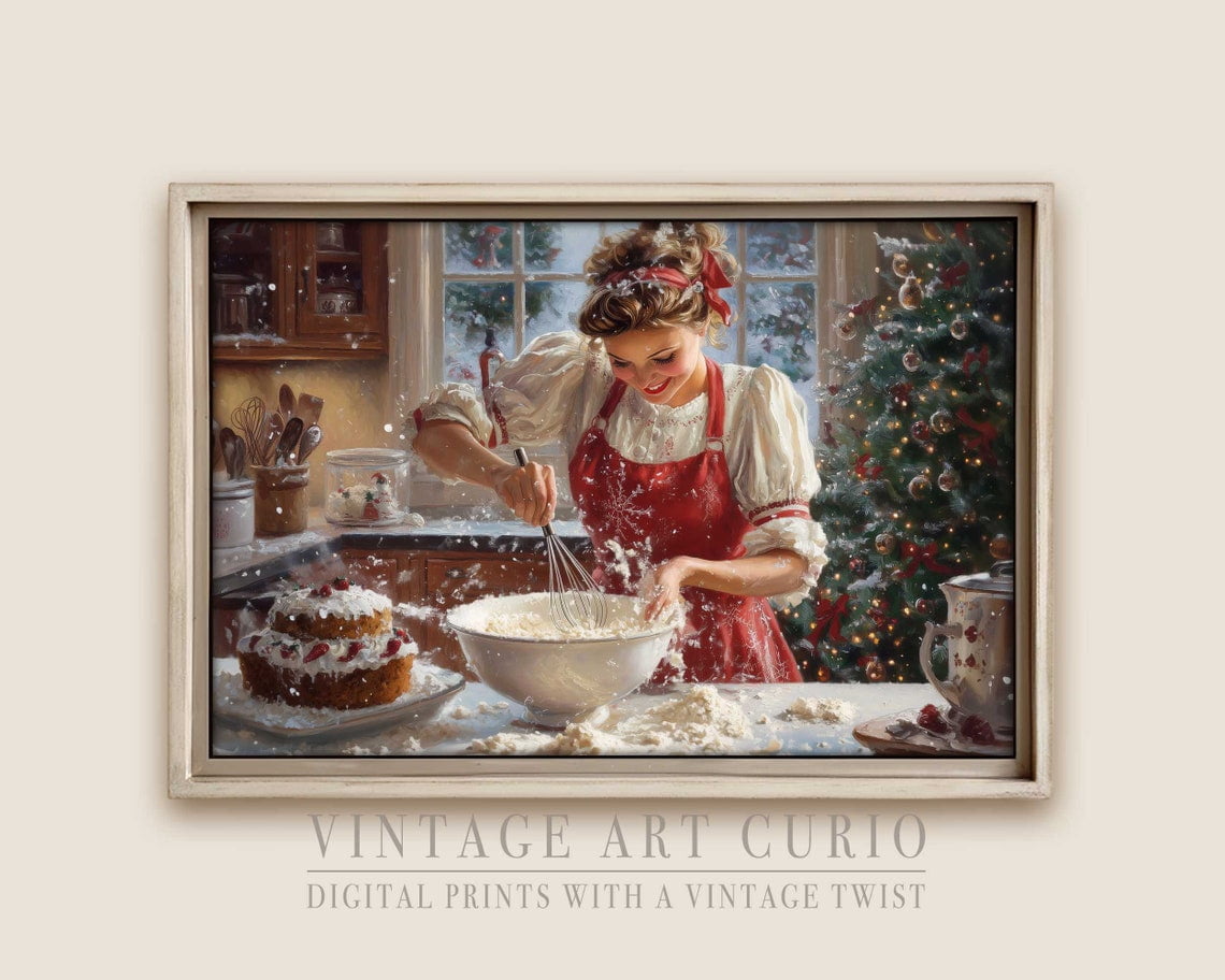 Vintage Winter Baking Wall Art Print, Retro Kitchen Scene, Cozy ...