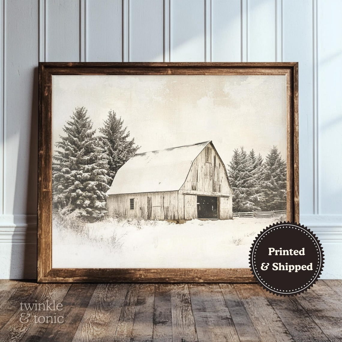 Vintage Winter Barn Art Print Rustic Moody Snowy Poster Antique Winter ...
