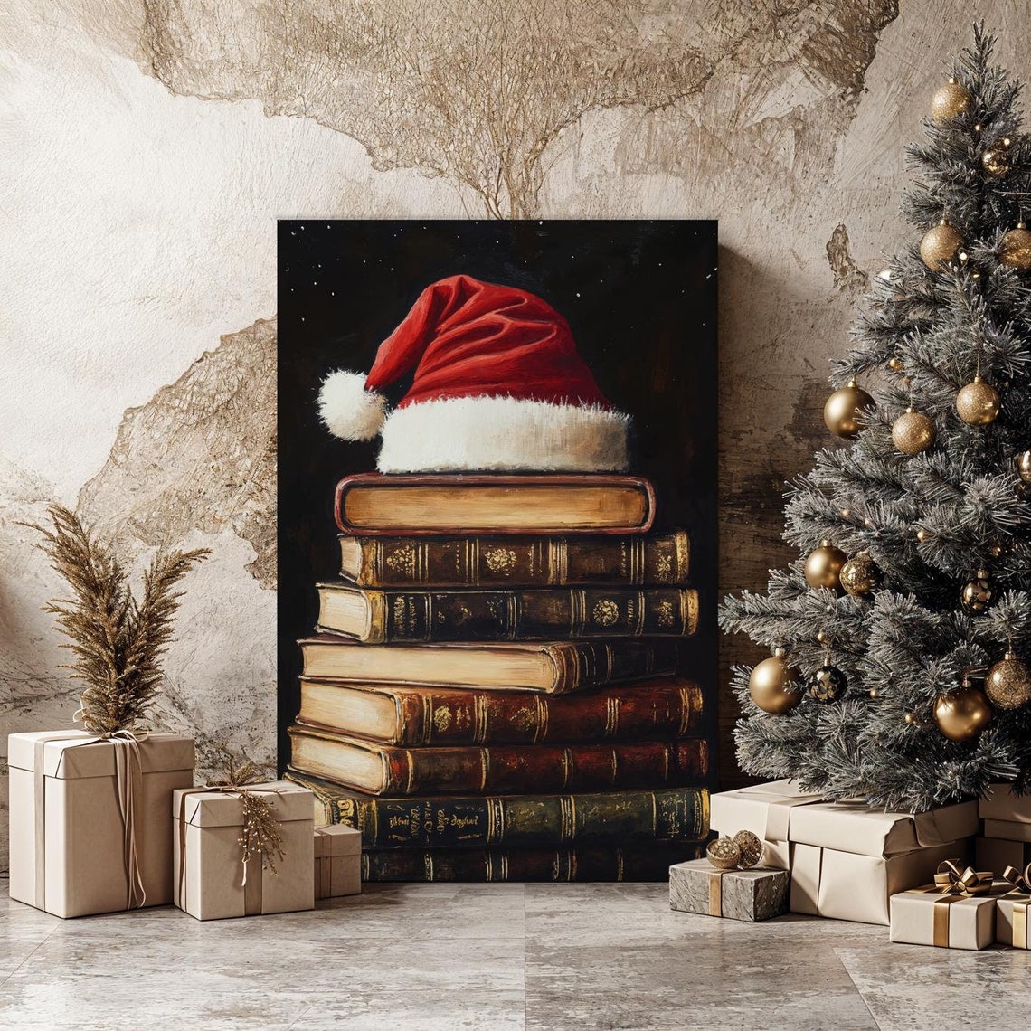 Vintage Winter Book Stack Wall Art Santa Hat On Antique Books Poster ...