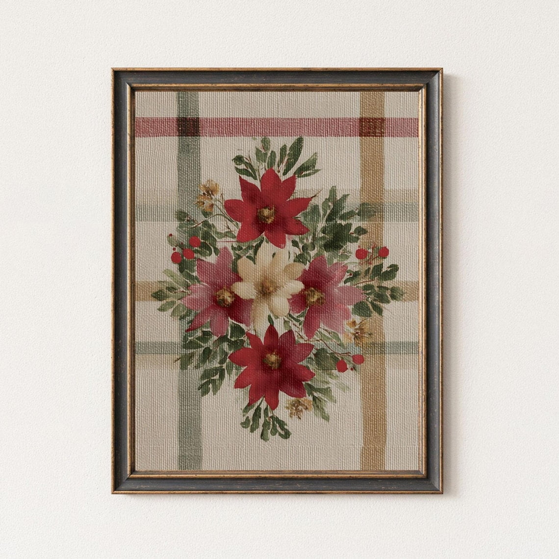 Vintage Winter Botanical Print, Plaid Winter Floral Art, Cottagecore ...