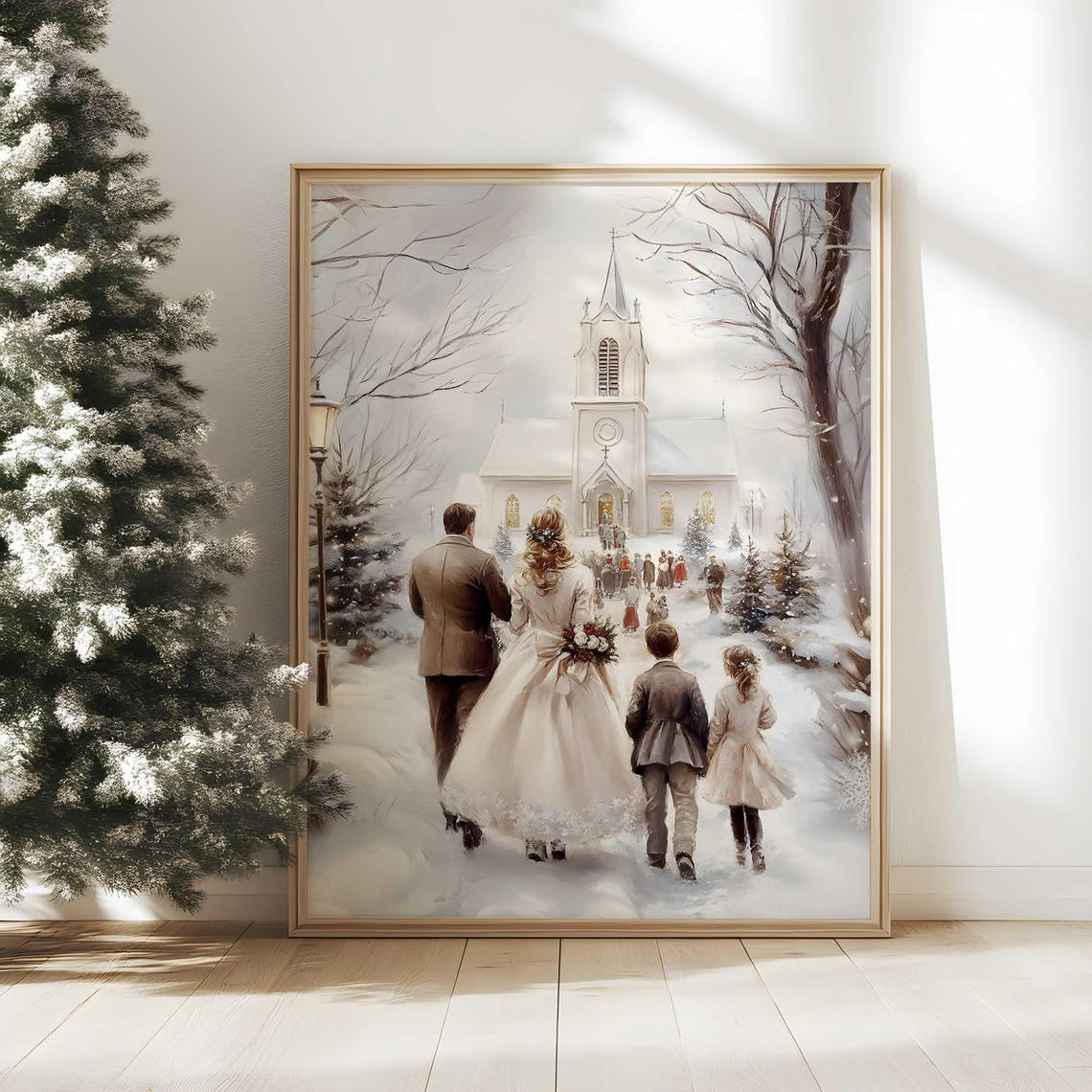 Vintage Winter Church Scene Wall Art, Winter Family Print, Festive ...