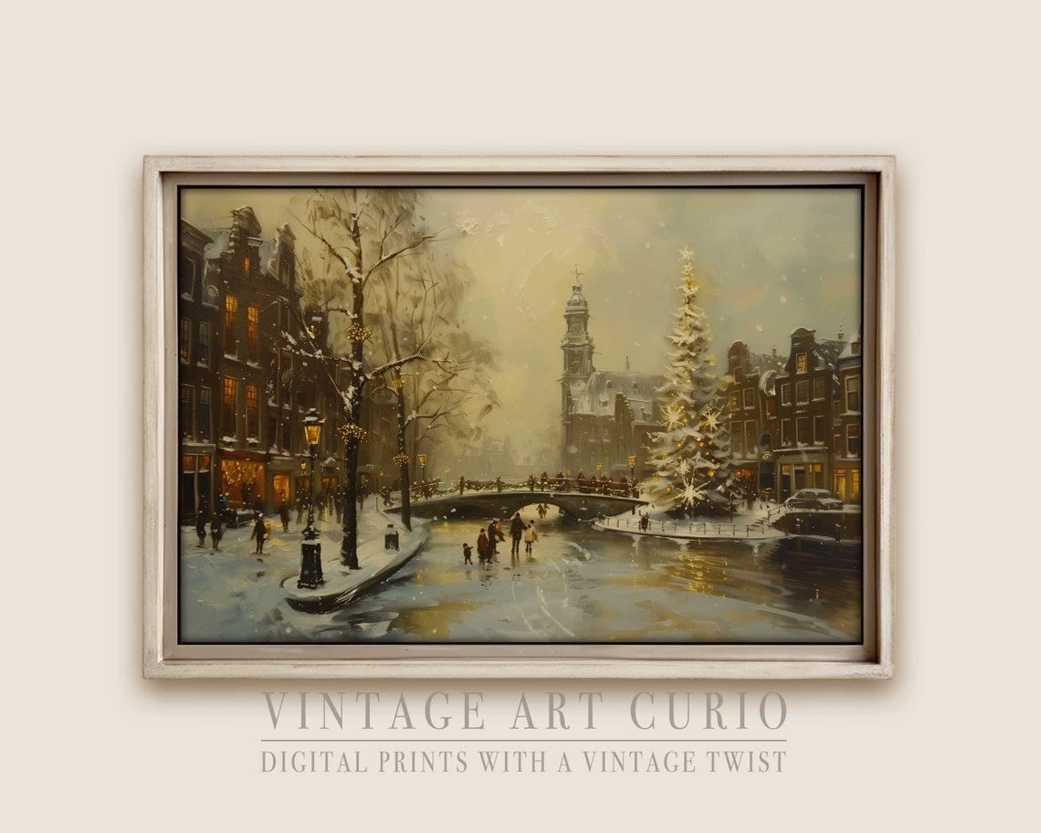 Vintage Winter Dutch Amsterdam City Wall Art Print, Rustic Farmhouse ...