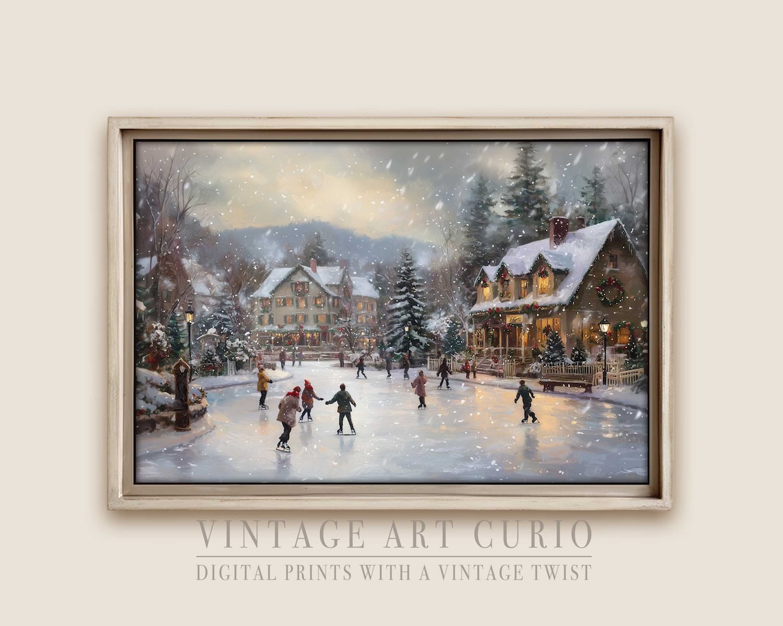 Vintage Winter European Ice Skating Wall Art Print, Rustic Farmhouse ...