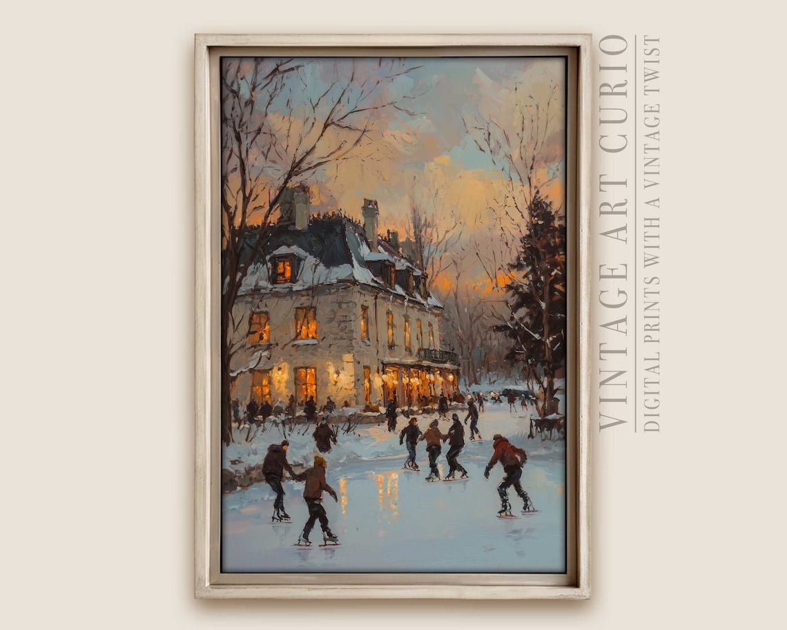 Vintage Winter European Ice Skating Wall Art Print, Rustic Farmhouse ...
