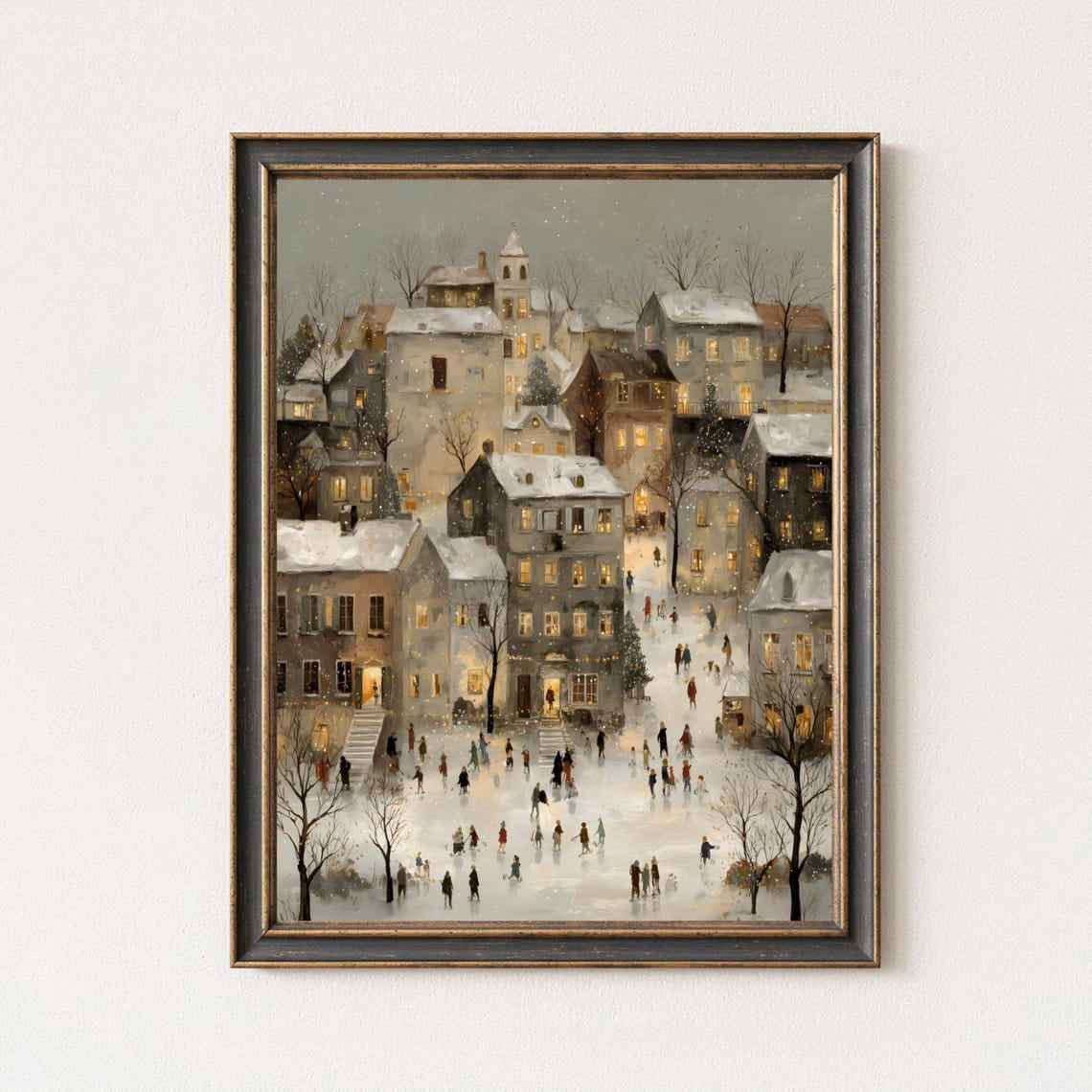 Vintage Winter Festive Village Print, Moody Winter Art, Cottage Winter ...